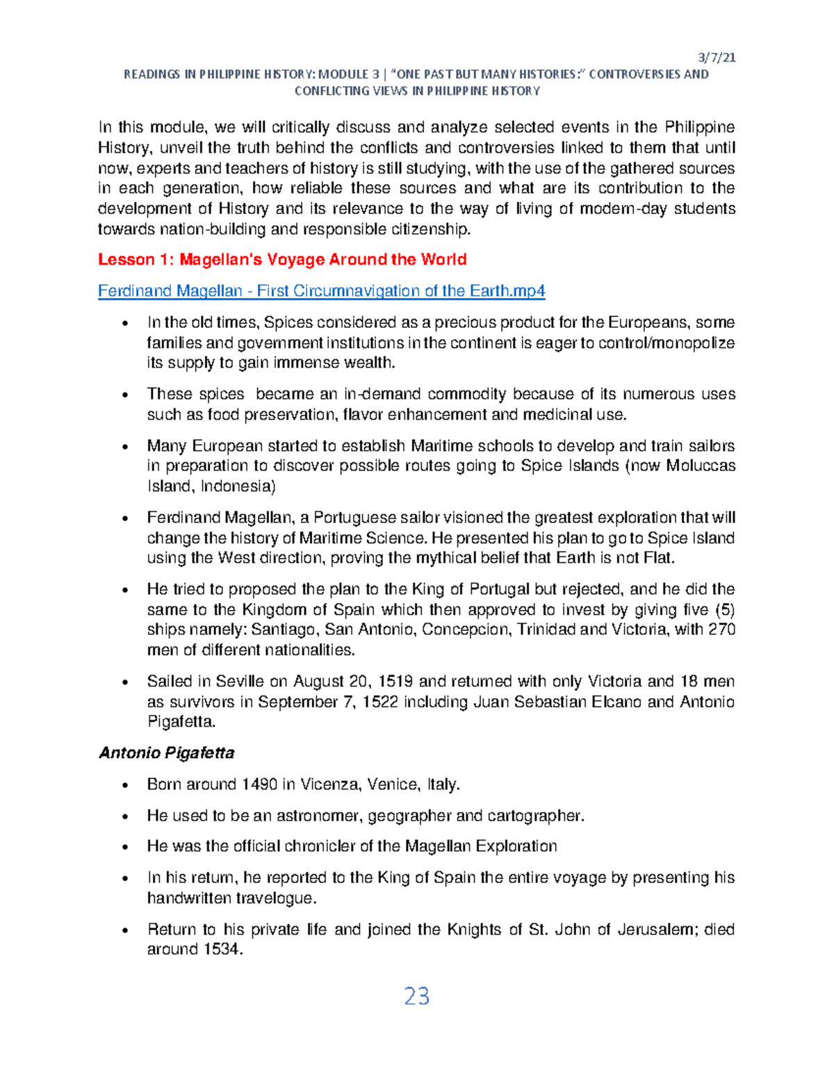 Module 3 Part I - READINGS IN PHILIPPINE HISTORY: MODULE 3 | “ONE PAST ...