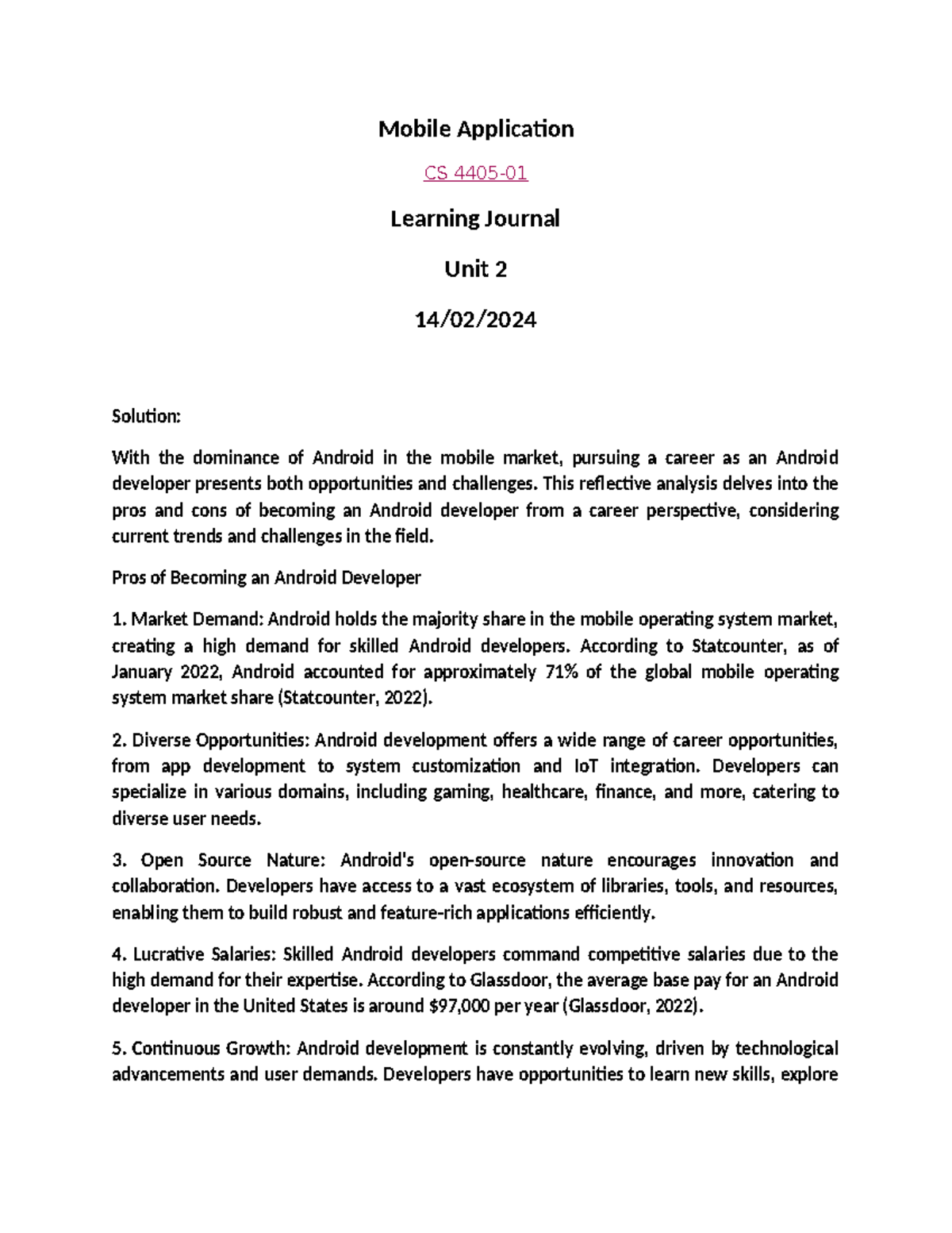 Mobile Application Learning Journal Unit 2 - Mobile Application CS 4405- Learning Journal Unit 2 ...