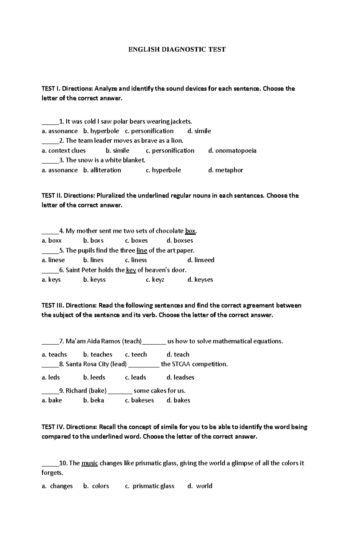 Janelle - English Diagnostic TEST - ENGLISH DIAGNOSTIC TEST TEST I ...