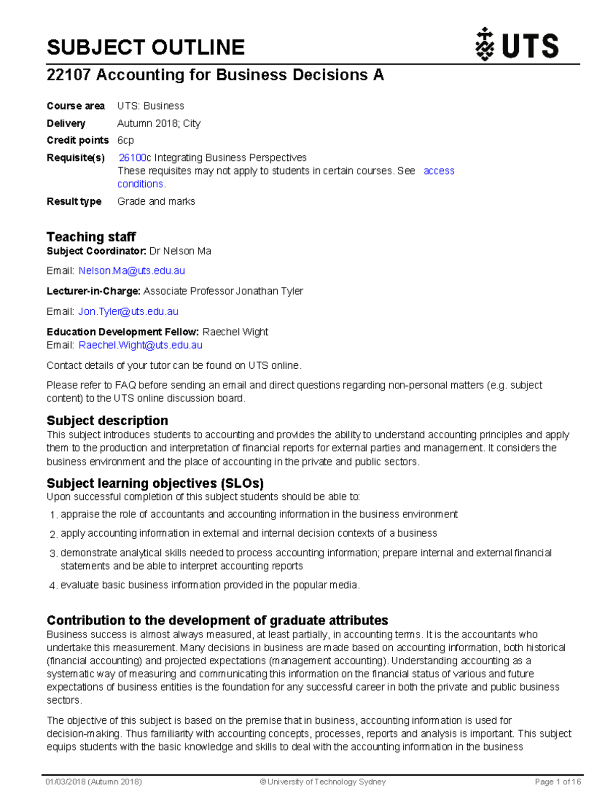 Subject Outline - 022107 - Studocu