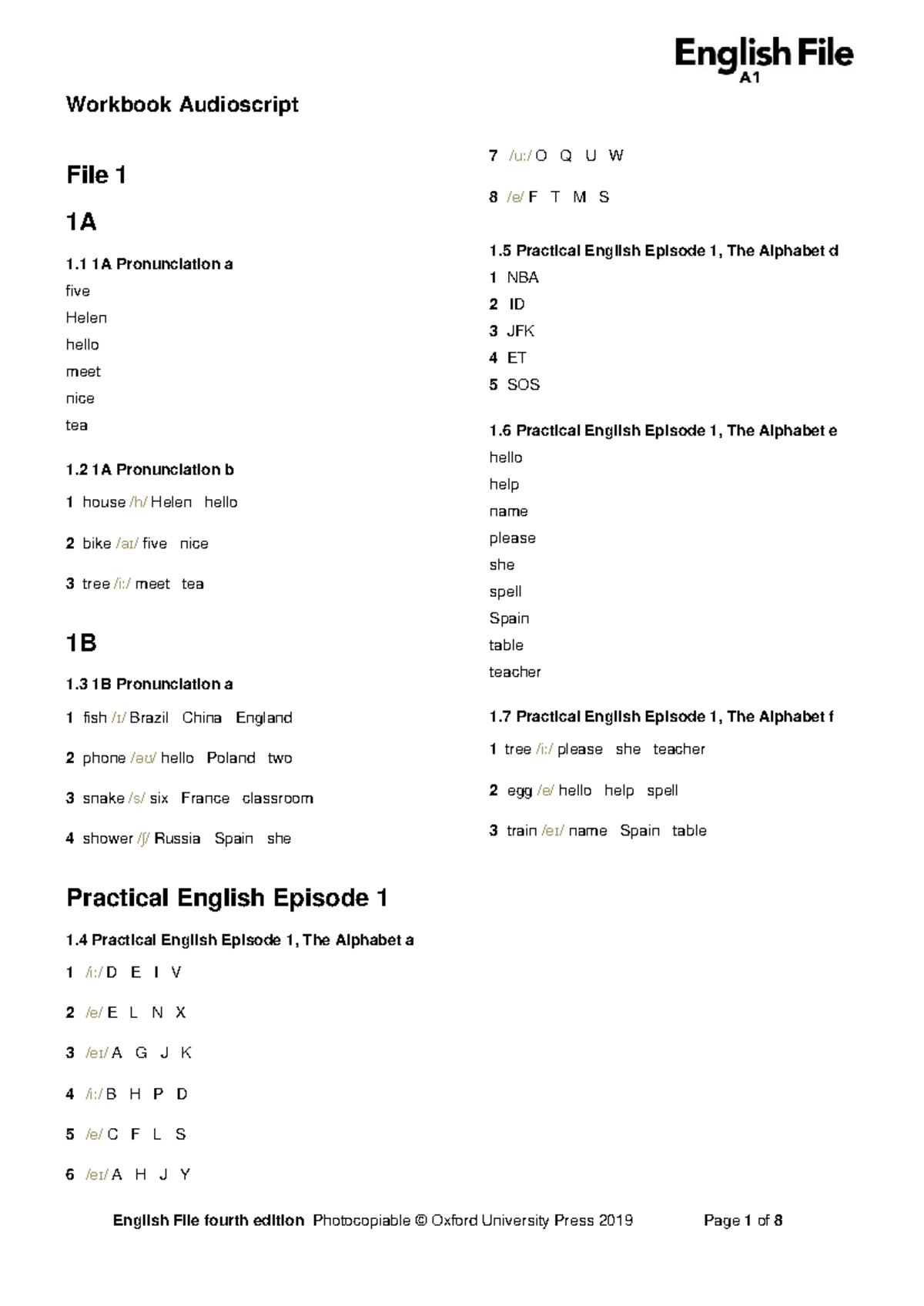 EF4e A1 WB Script - Para practica del Inglés - File 1 1A 1 1A Pronunciation a five Helen hello ...