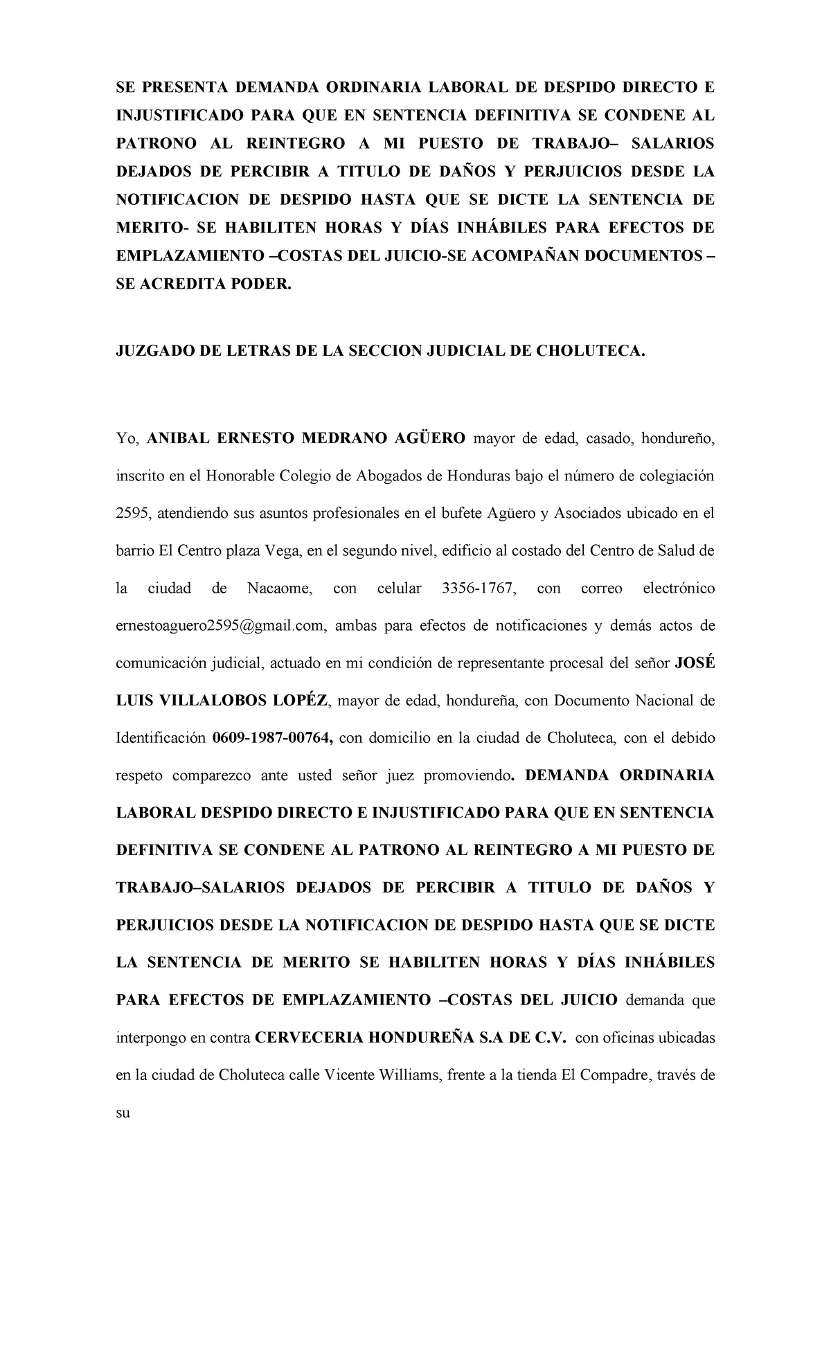 Despido Directo - Expediente - SE PRESENTA DEMANDA ORDINARIA LABORAL DE ...