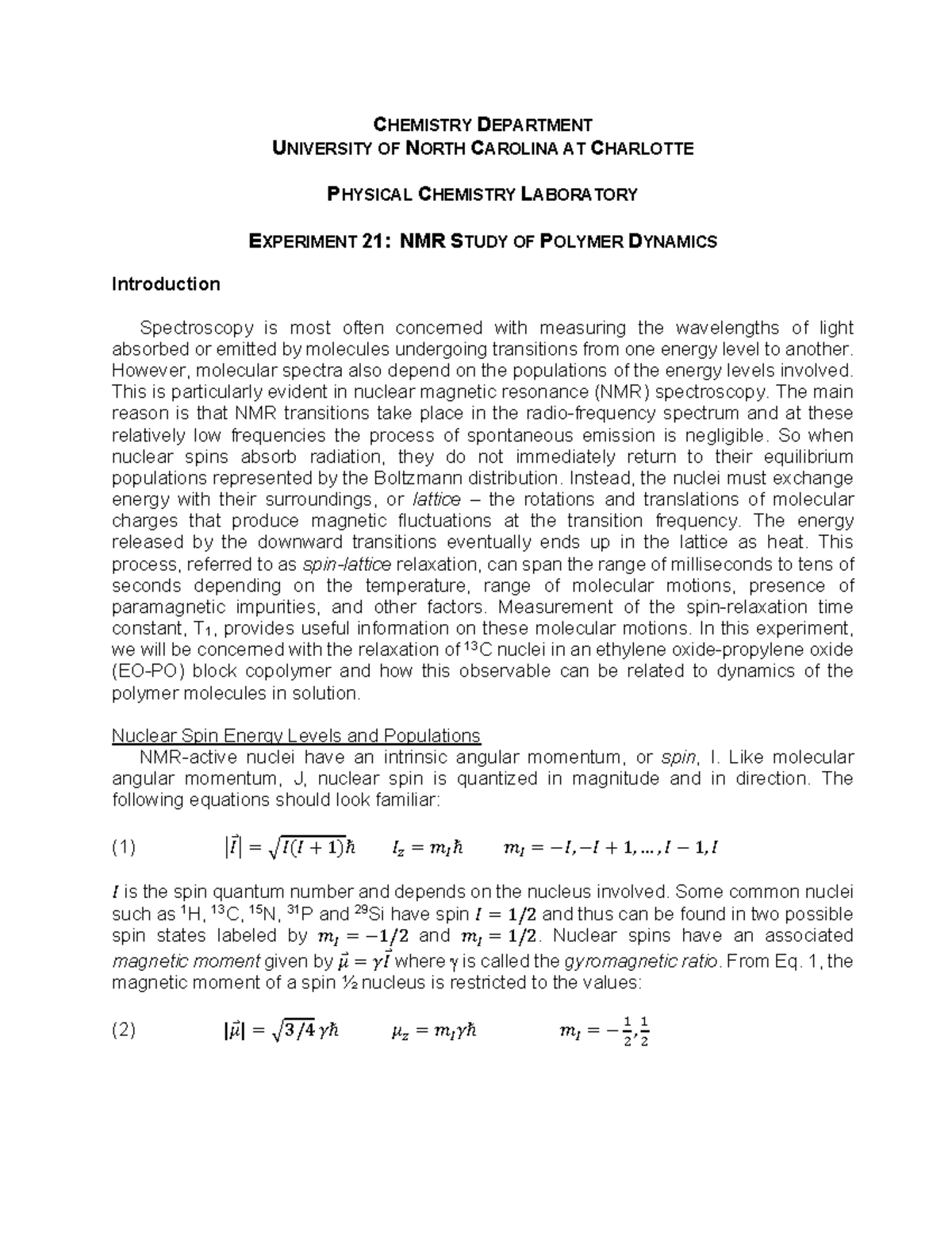 Exp 21 - exp 21 - CHEMISTRY DEPARTMENT UNIVERSITY OF NORTH CAROLINA AT ...
