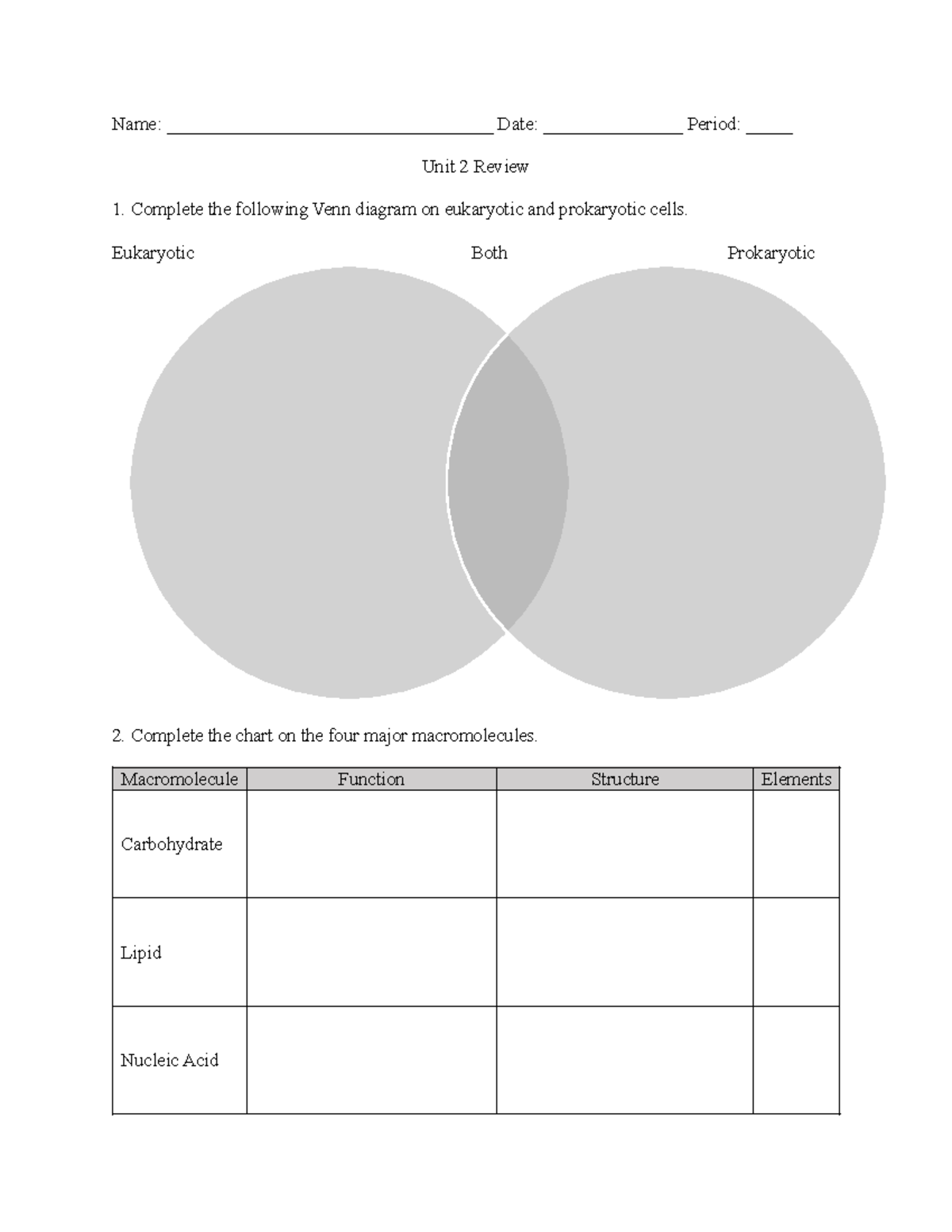 Bio Unit 2 Review - Name: ___________________________________ Date ...