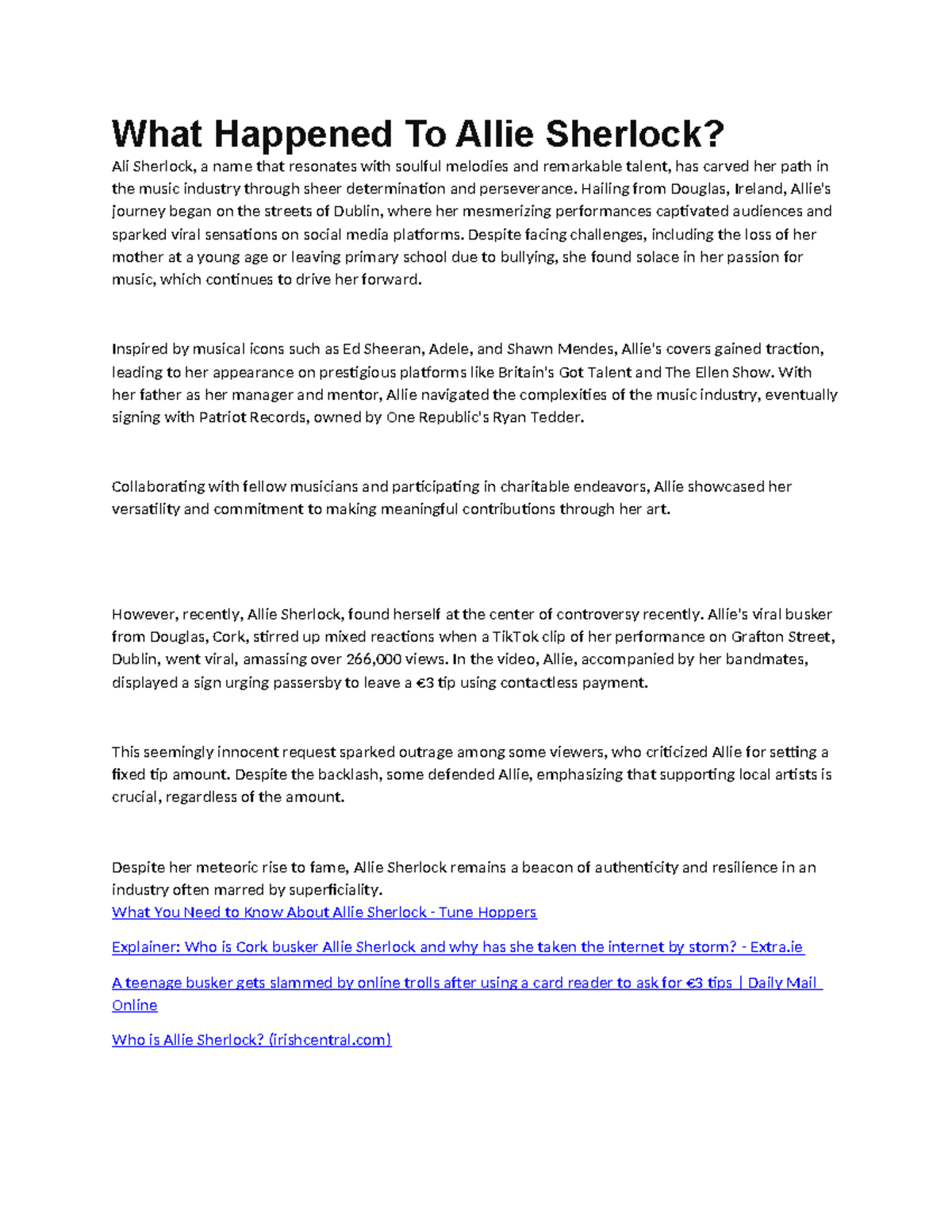 What happened to Allie Sherlock - What Happened To Allie Sherlock? Ali ...