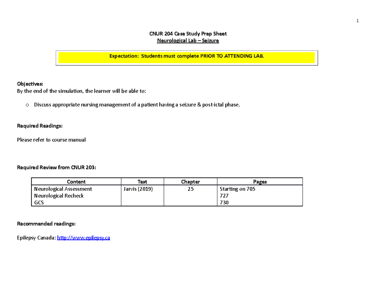 Student Neuro Lab Prep Sheet 2021 - CNUR 204 Case Study Prep Sheet ...