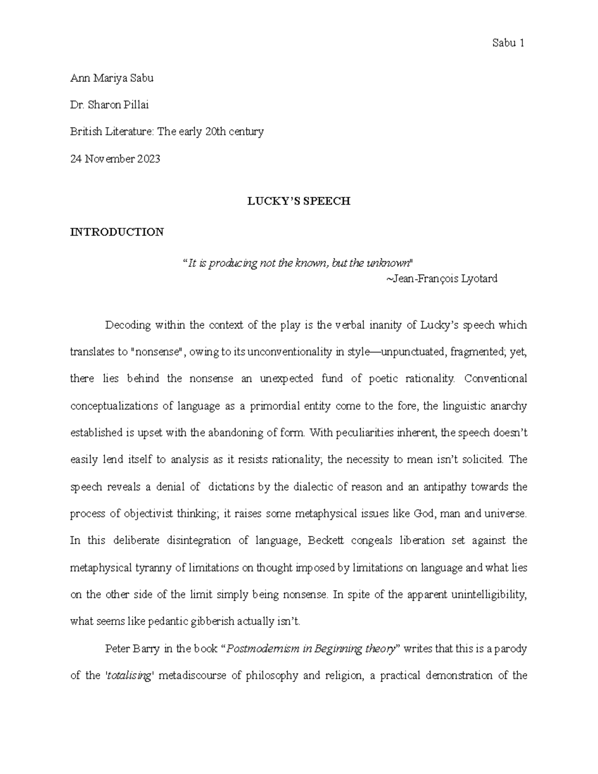 Lucky - notes - Ann Mariya Sabu Dr. Sharon Pillai British Literature ...