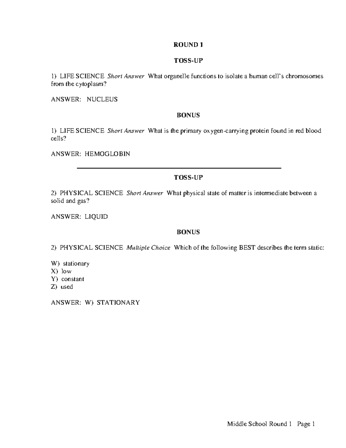 SB m round 01 - sci bowl practice - ROUND 1 TOSS-UP LIFE SCIENCE Short ...