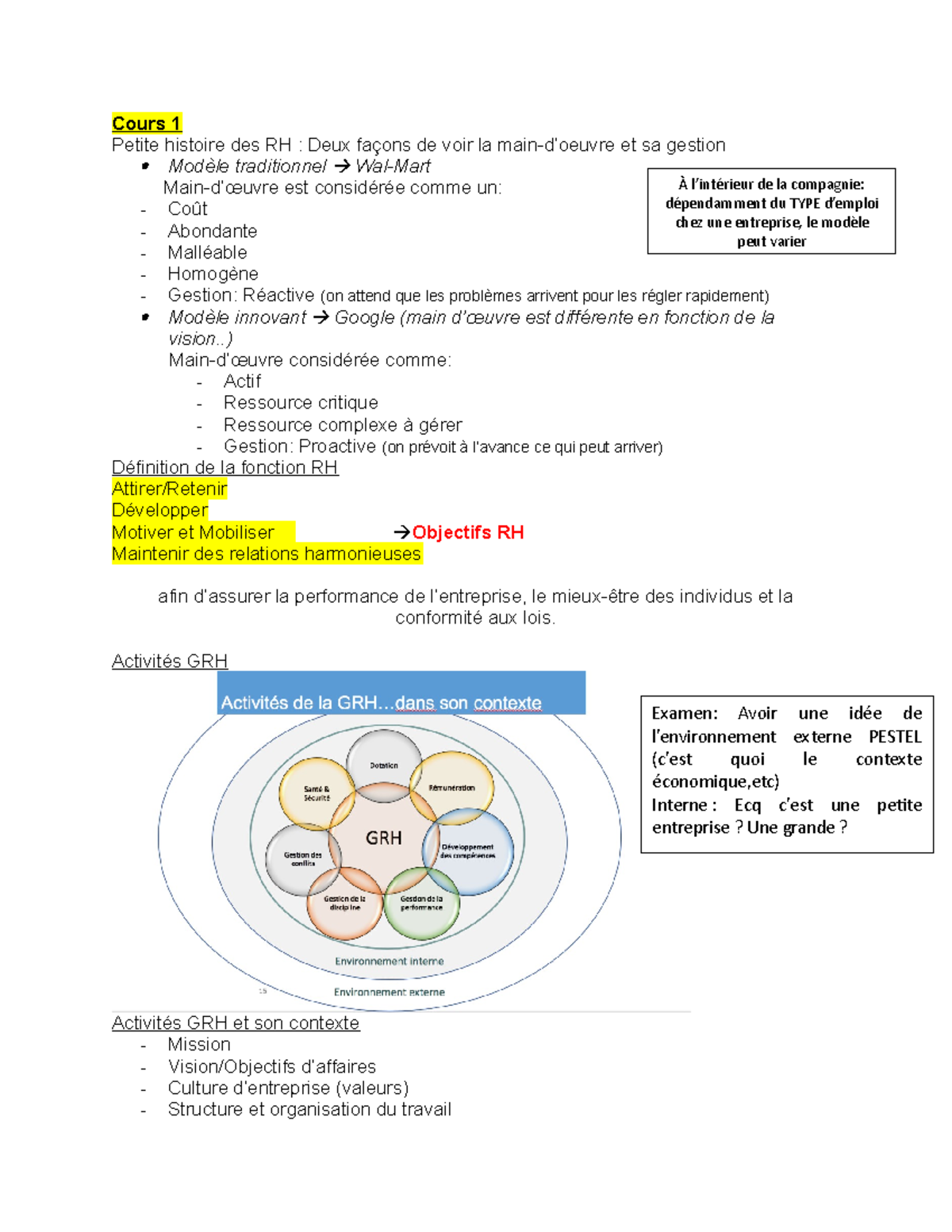 Notes de cours 1-12 - Cours 1 Petite histoire des RH : Deux façons de ...