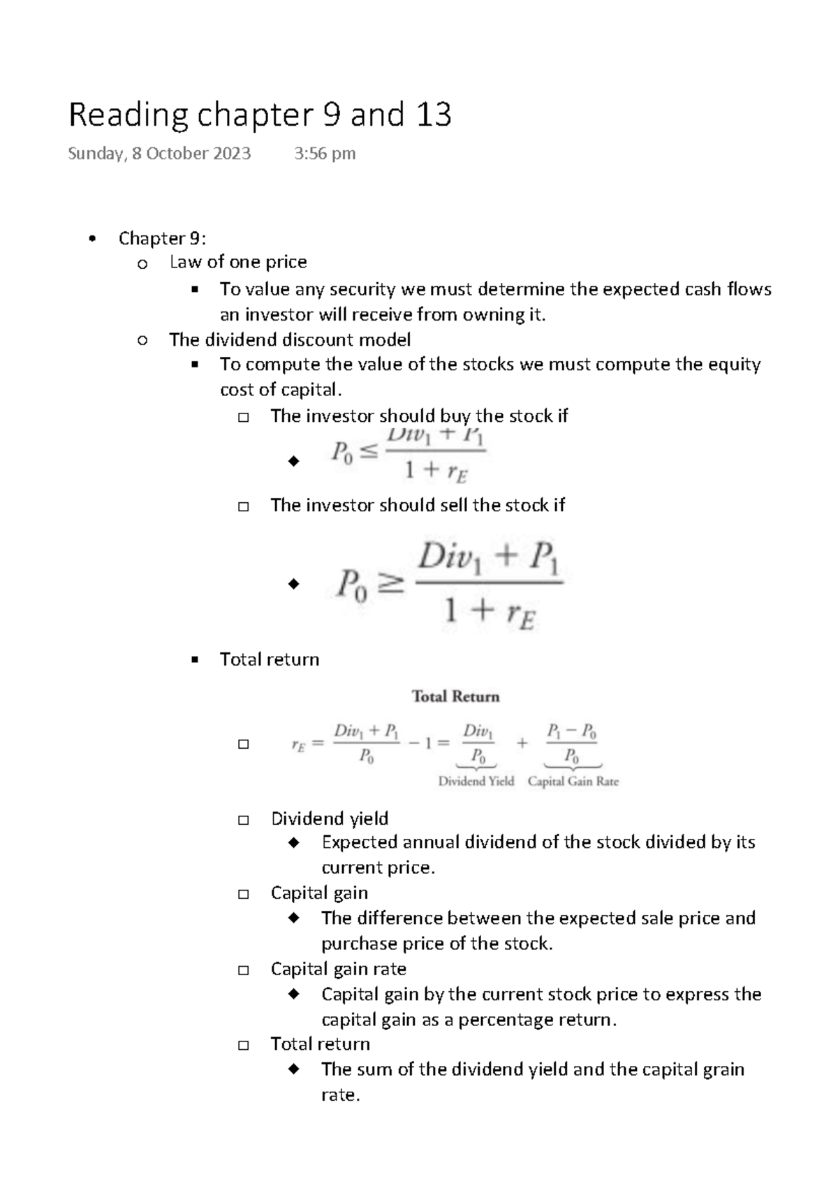 Reading chapter 9 and 13 - Chapter 9: Law of one price To value any ...