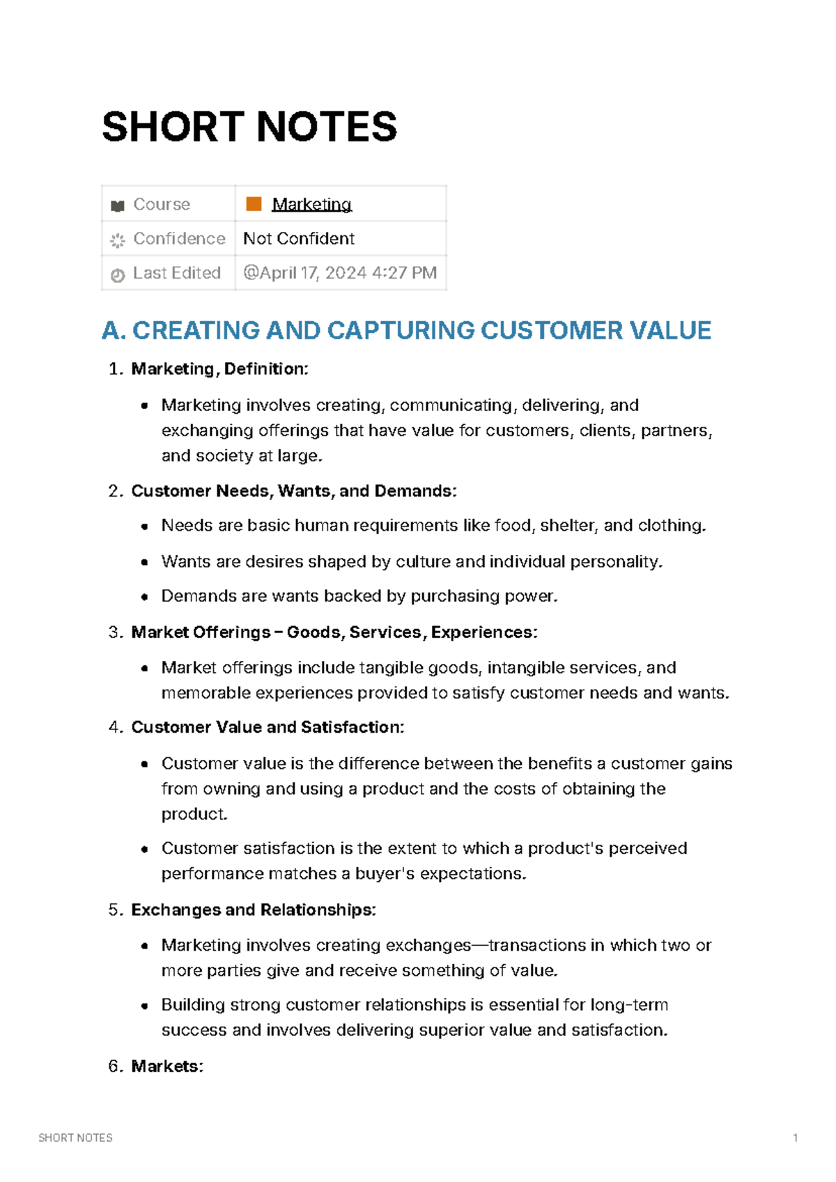 Marketing Short Notes - SHORT NOTES Course Marketing Confidence Not ...