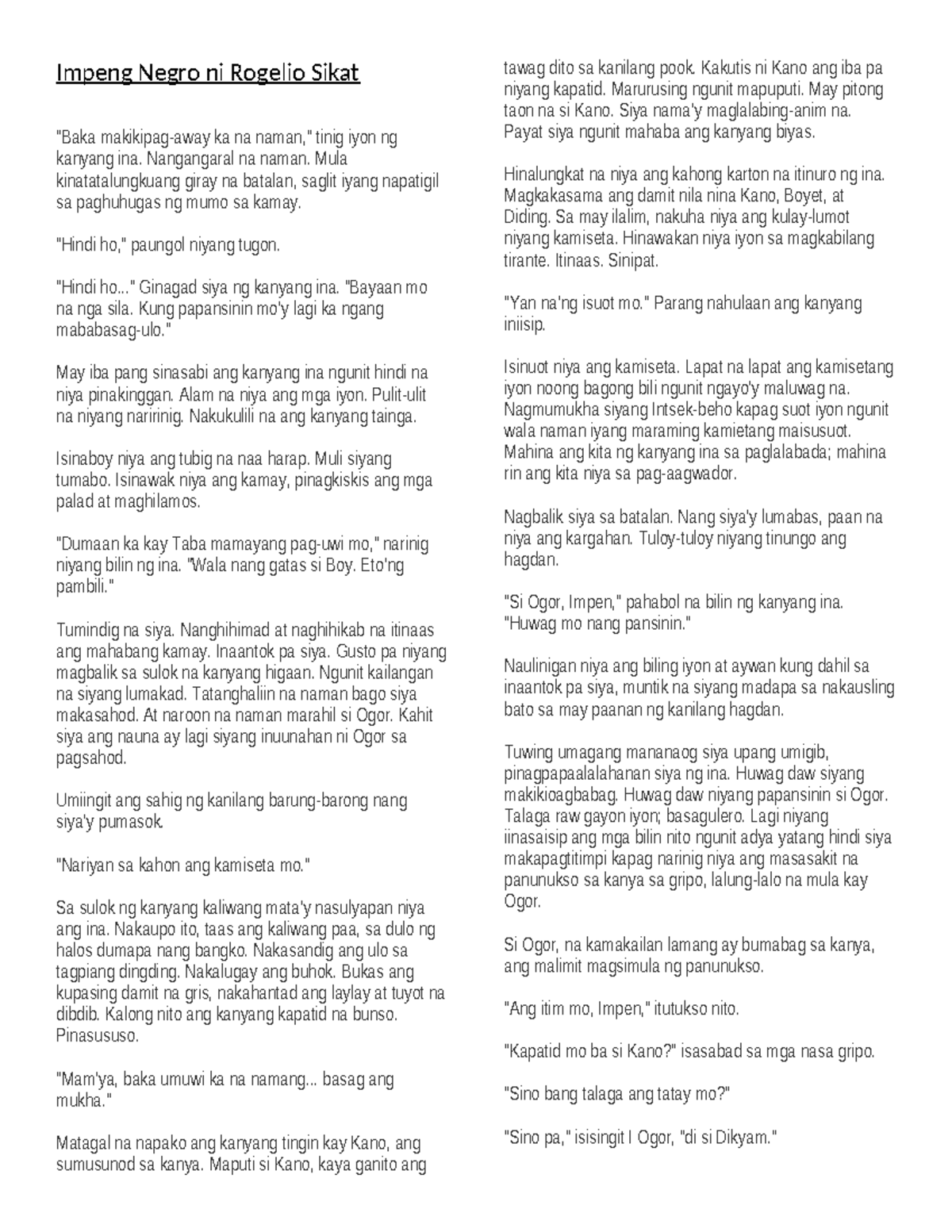 Impeng Negro ni Rogelio Sikat - Impeng Negro ni Rogelio Sikat “Baka ...