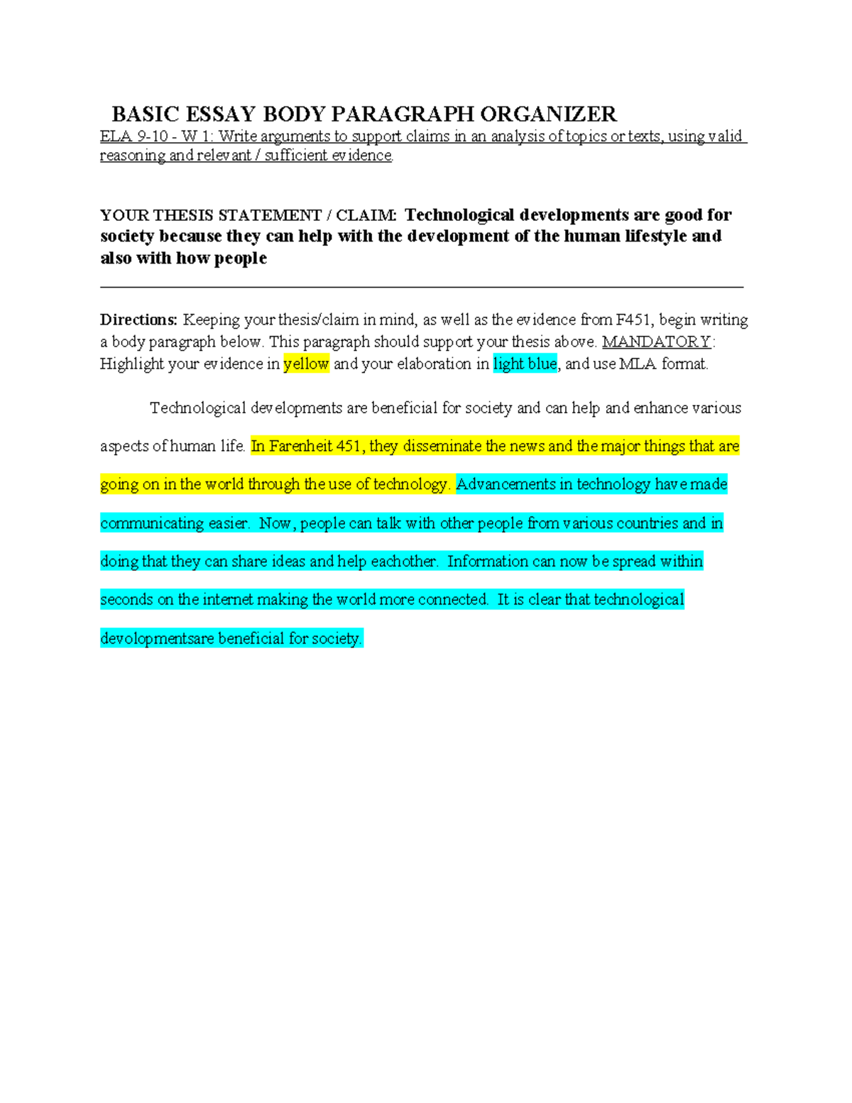 Michael Watson - 3 Paragraphs-2 - BASIC ESSAY BODY PARAGRAPH ORGANIZER ...