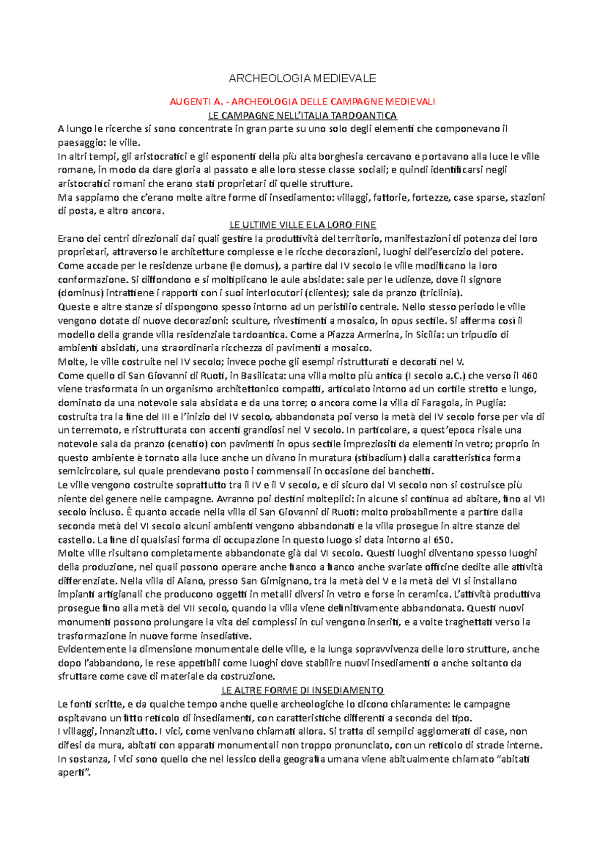 Archeologia Medievale - Dinamiche sull'incastellamento e sulle problematiche insediative - - Studocu