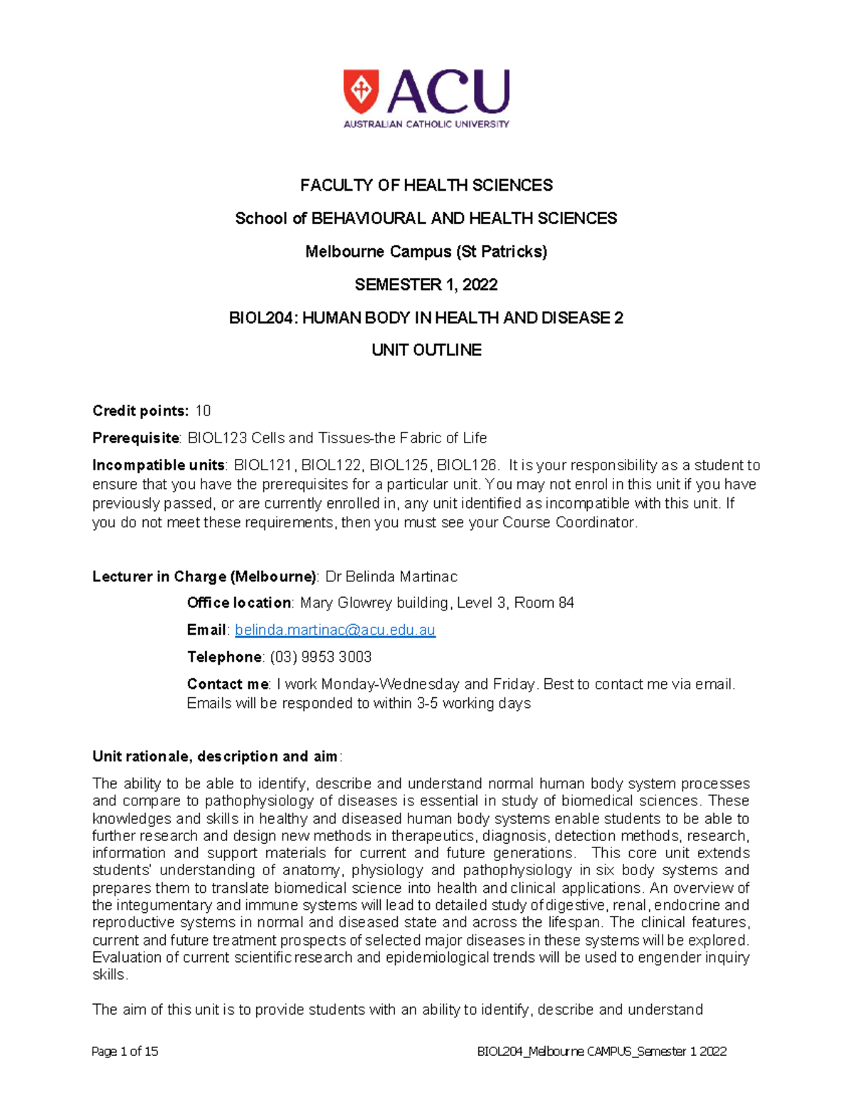 BIOL204 Unit Outline Semester 1 2022 - FACULTY OF HEALTH SCIENCES ...