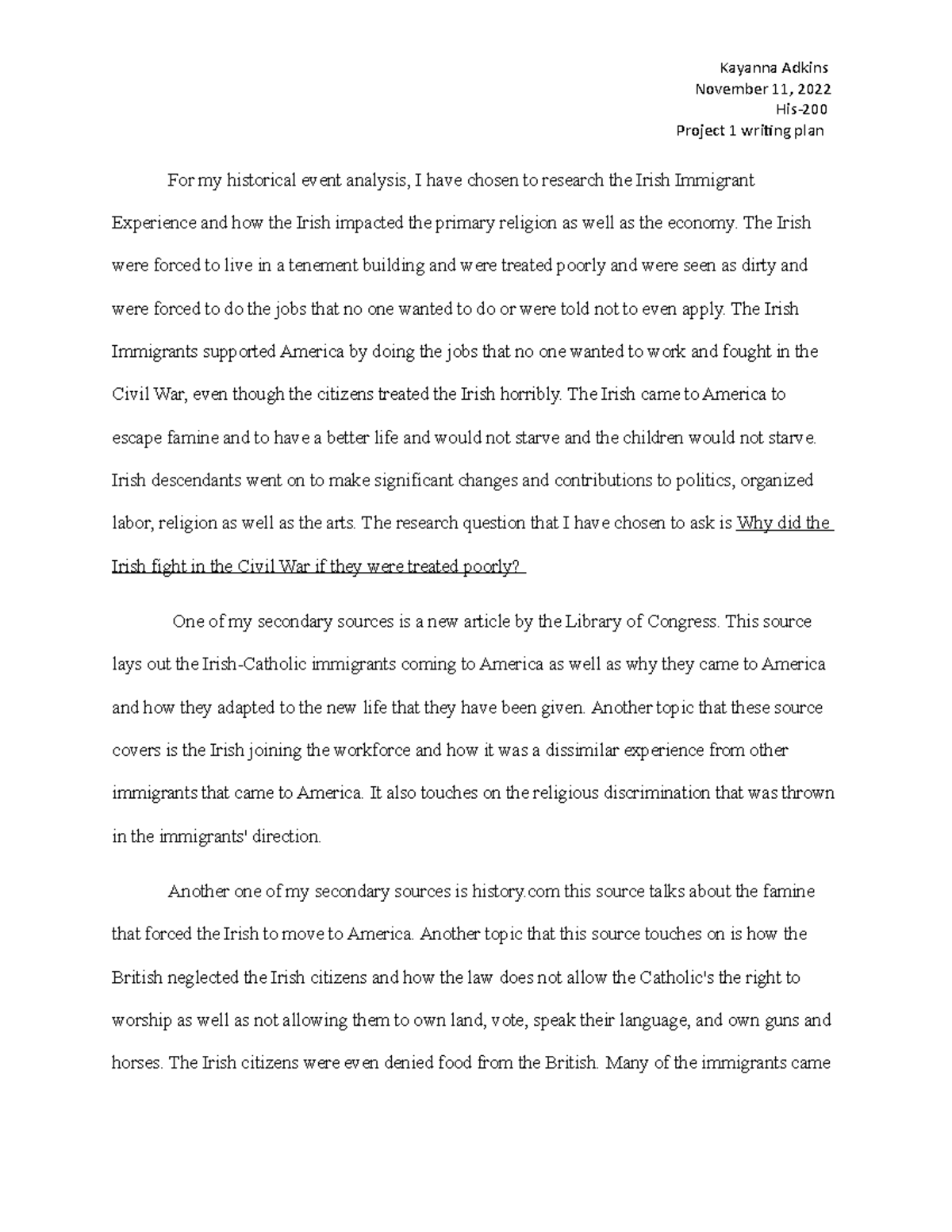 Writing plan - November 11, 2022Kayanna Adkins Project 1 writing ...