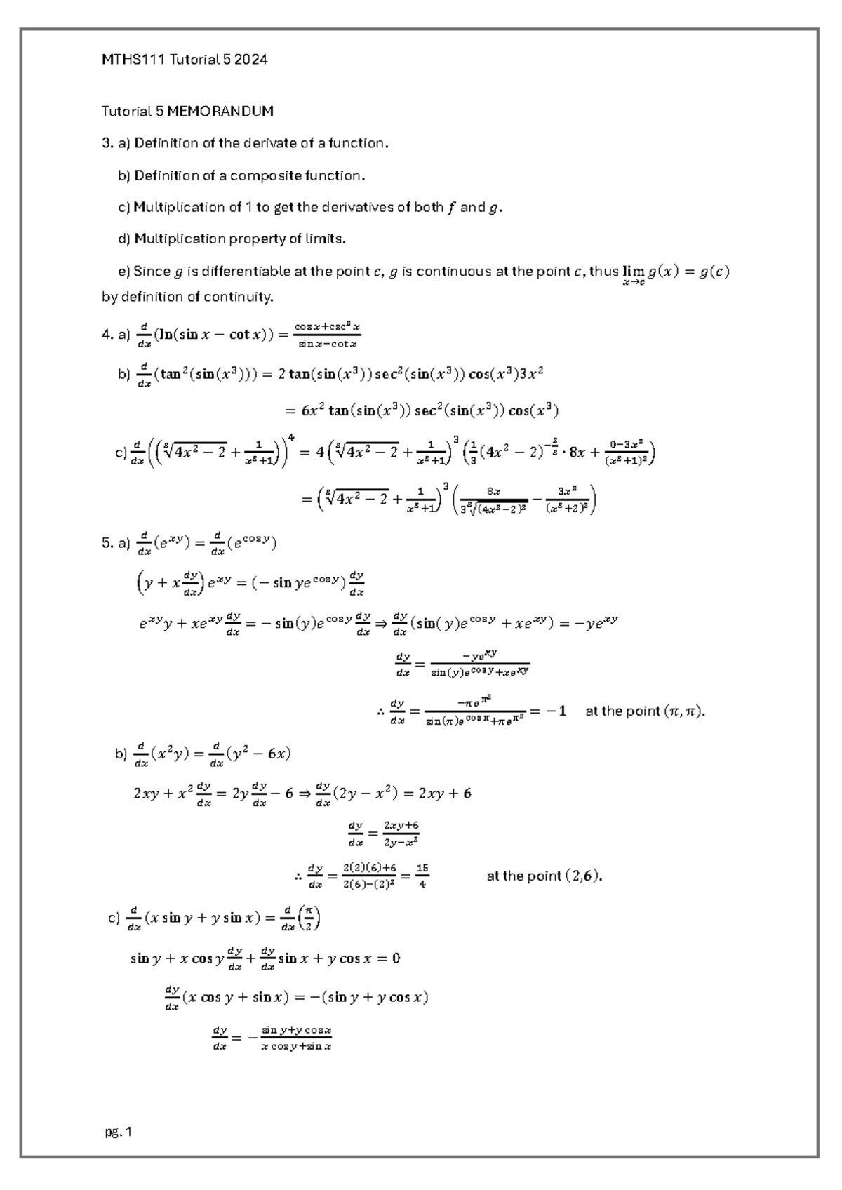 MTHS111 tutorial 5 2024 memo - MTHS111 Tutorial 5 2024 pg. 1 Tutorial 5 ...