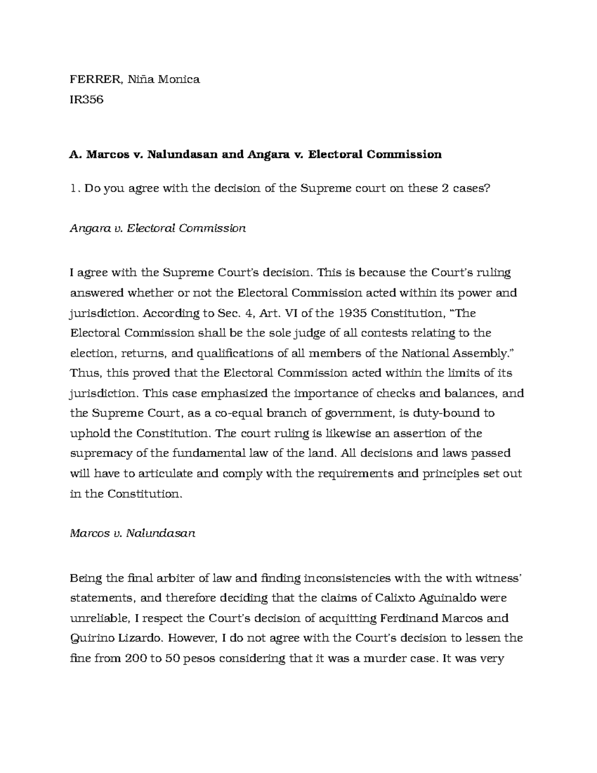 Marcos v. Nalundasan and Angara v. Electoral Commission - AB Foreign ...