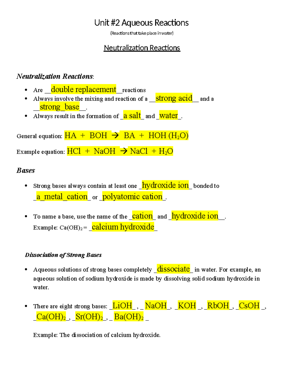 Neutralization reactions intro notes with answers - Unit #2 Aqueous ...