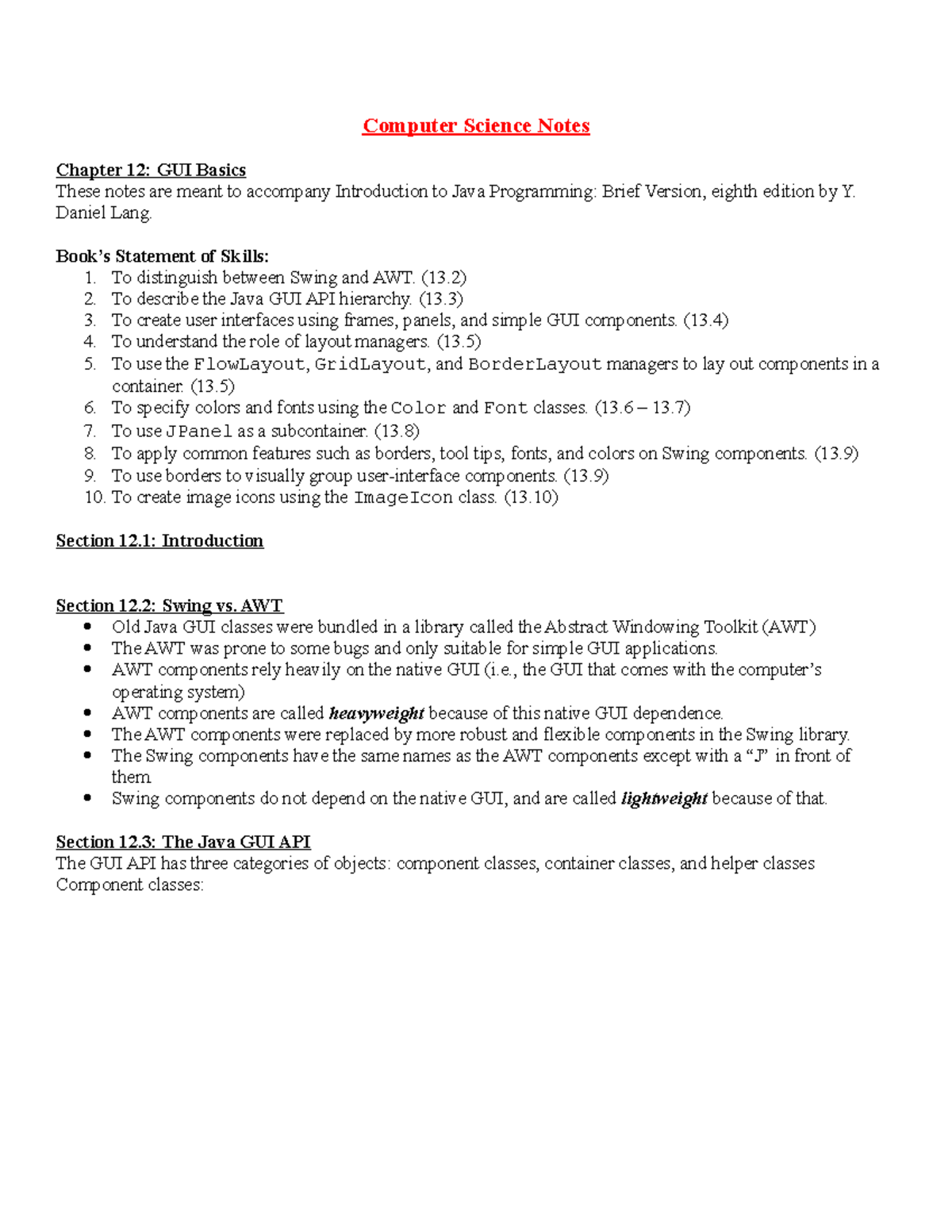 Ch12 Gui Basics Java Programming Computer Science Notes Chapter 12