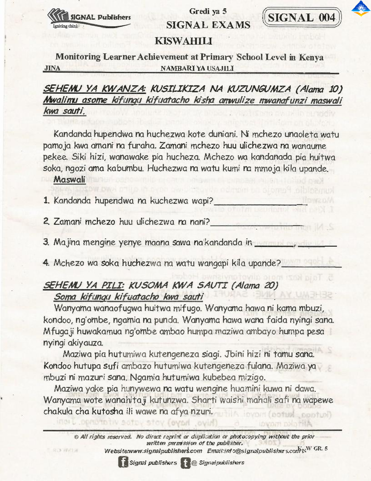 Kiswahili Grade 5 Signal - SIGNAL Publishers Gredi ya 5 SIGNAL EXAMS ...