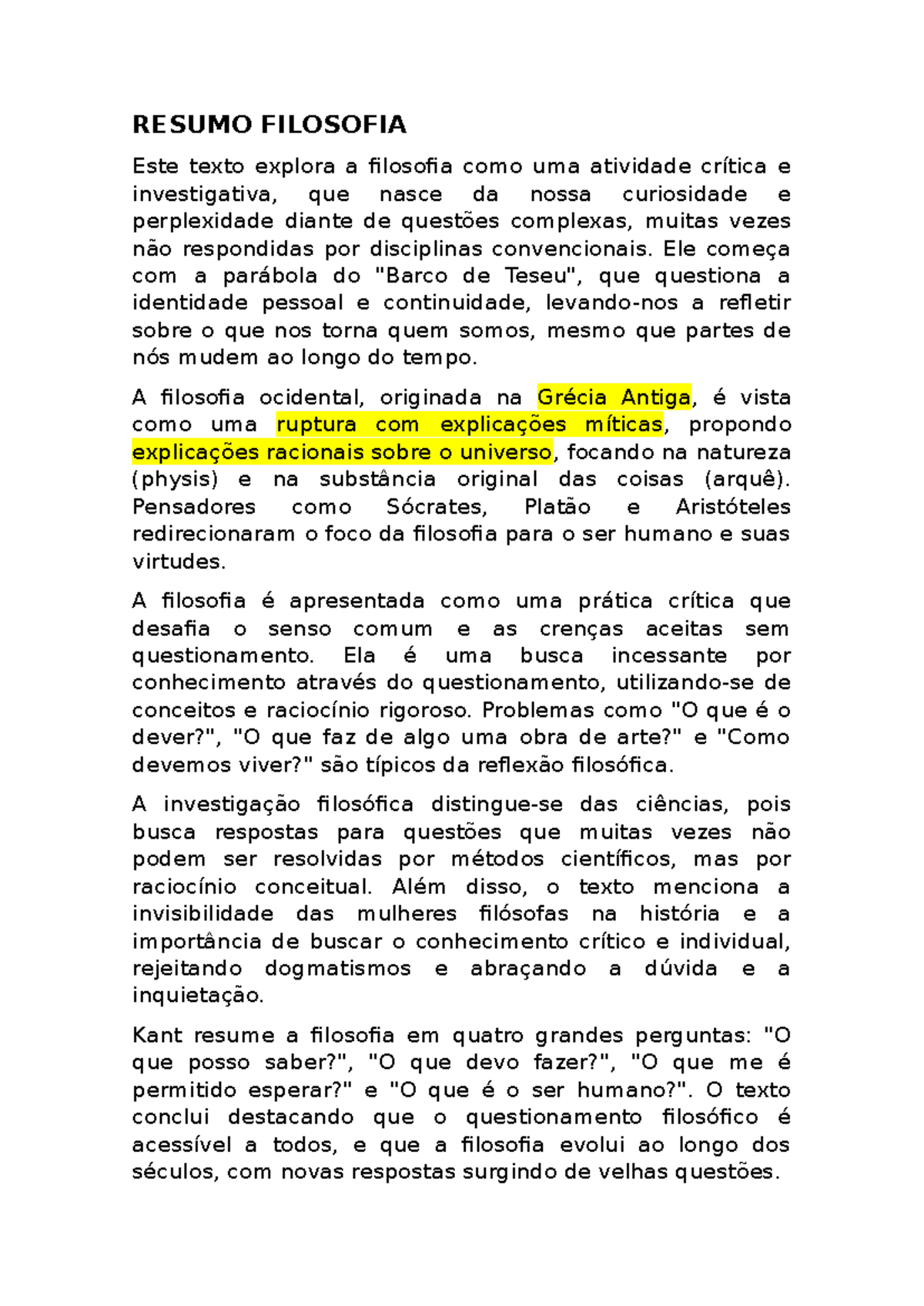 Resumo Filosofia - RESUMO FILOSOFIA Este texto explora a filosofia como ...
