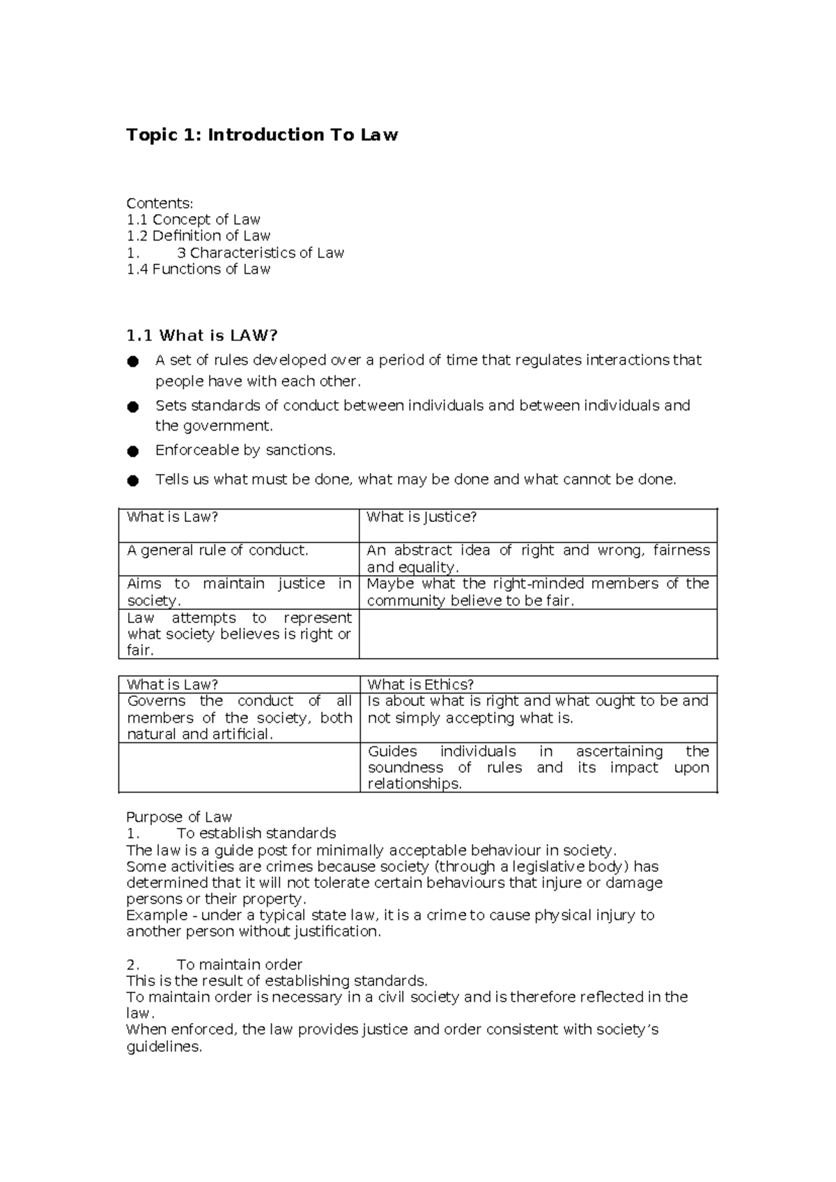 Law Notes - extra - Topic 1: Introduction To Law Contents: 1 Concept of ...