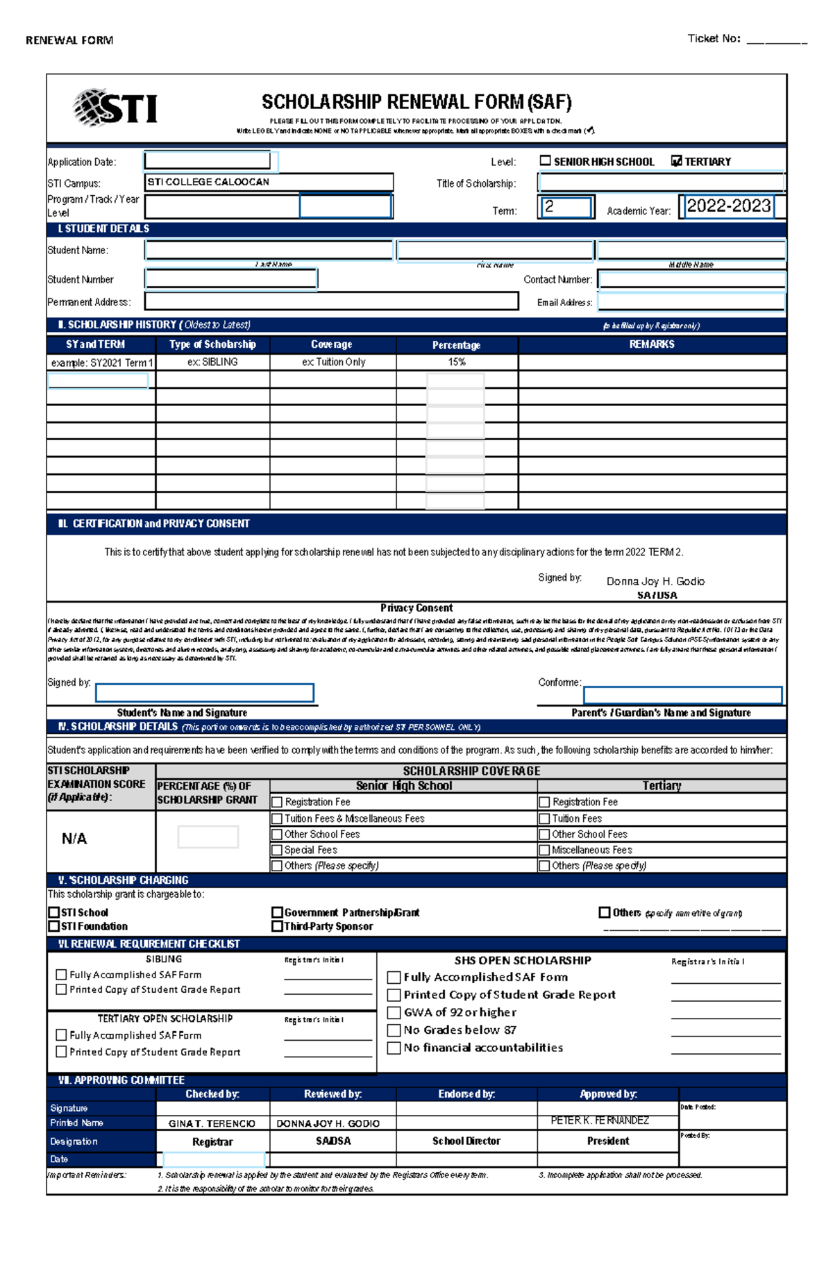 SAF Front Renewal TER editable 20222 TERM 2 - RENEWAL FORM Ticket No ...