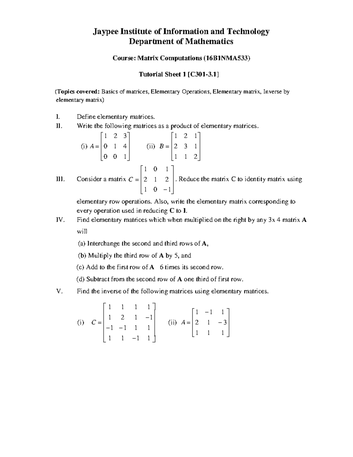 MC tutorial 1 2020 - Matrix Computation Questions - Jaypee Institute of ...