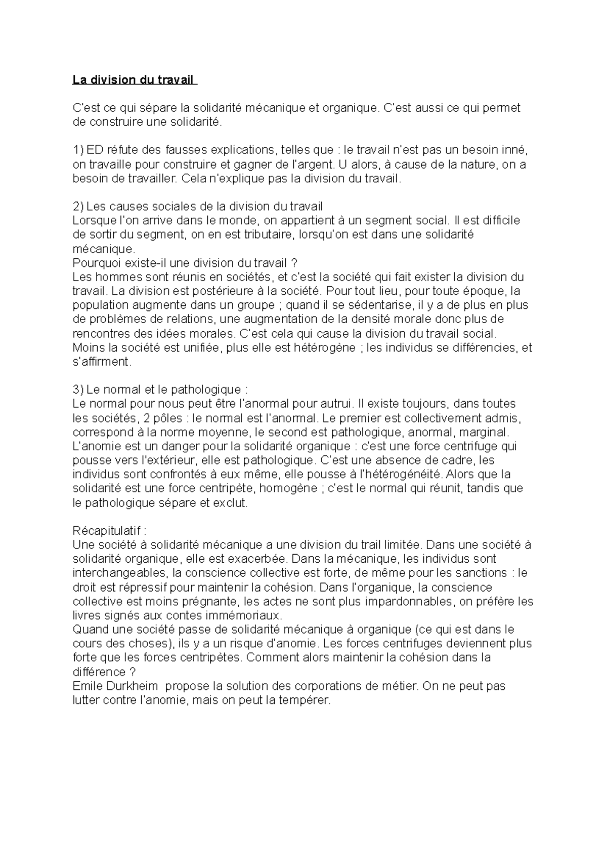 La division du travail - La division du travail C’est ce qui sépare la ...