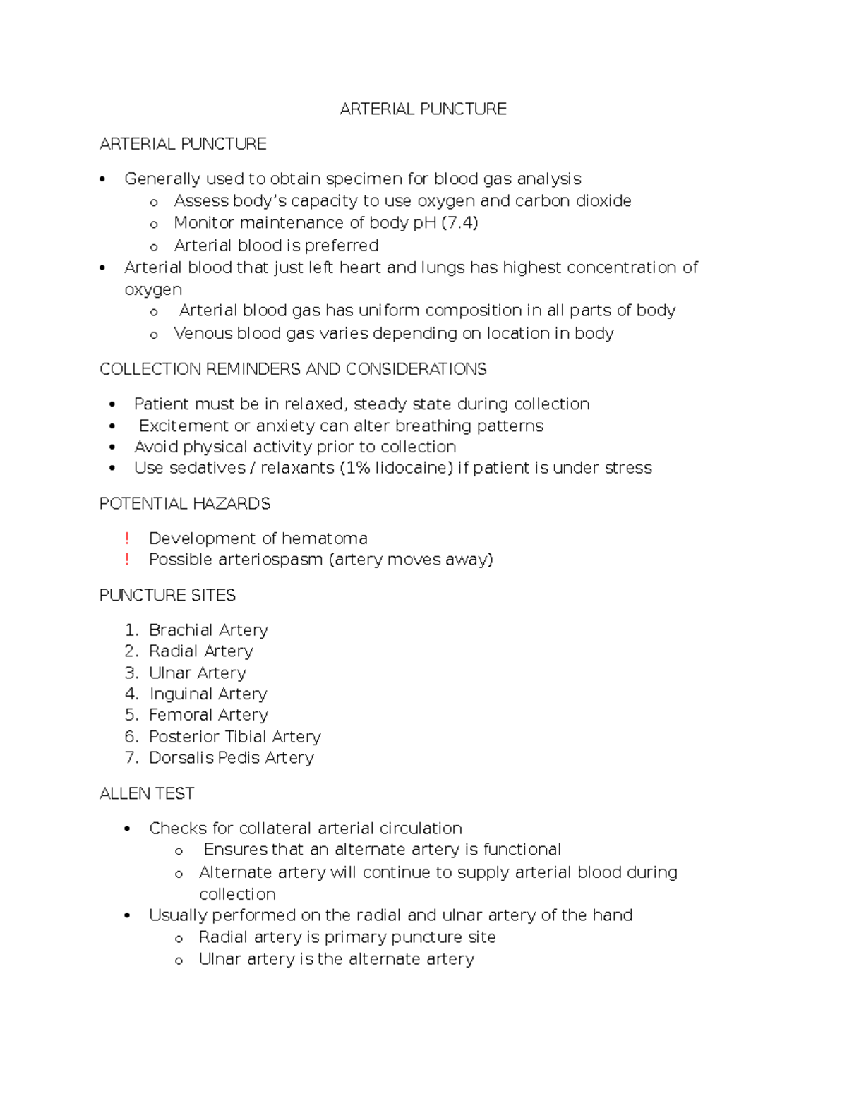 Arterial Puncture - Phlebotomy notes - ARTERIAL PUNCTURE ARTERIAL ...