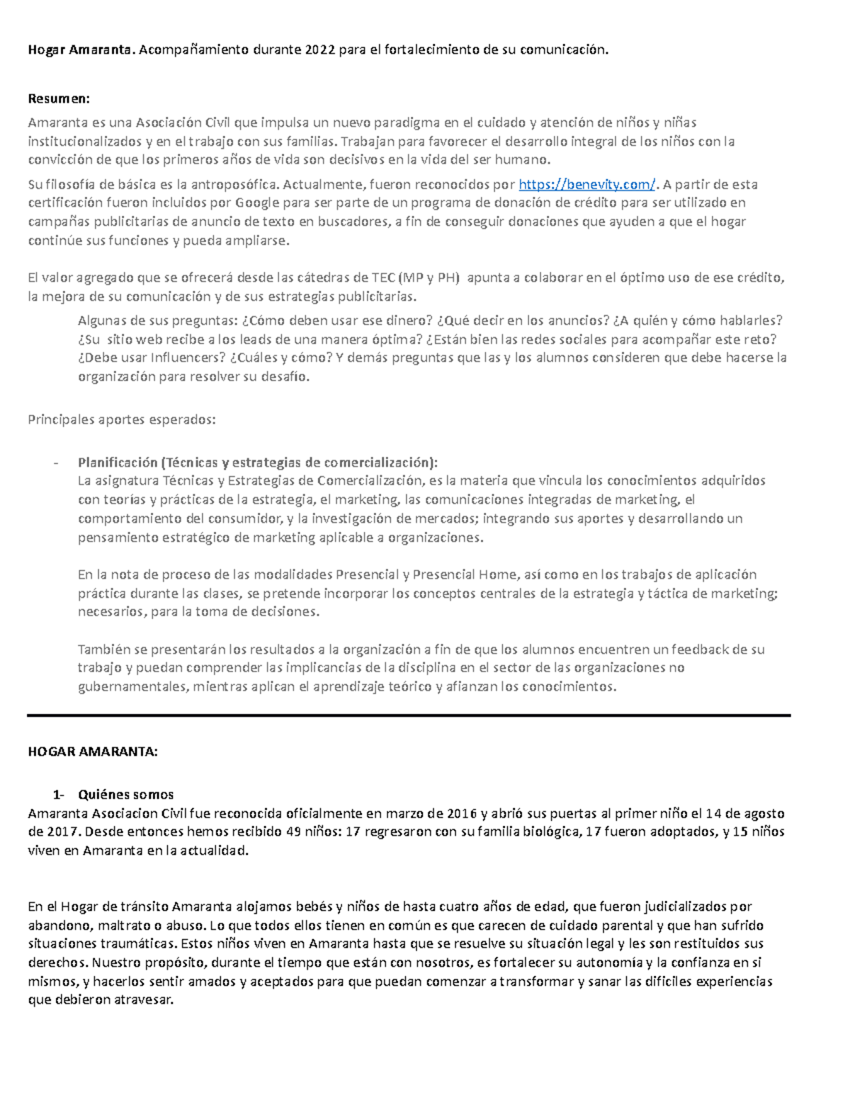 Reto- hogar Amaranta- TEC - Hogar Amaranta. Acompañamiento durante 2022 para el fortalecimiento ...