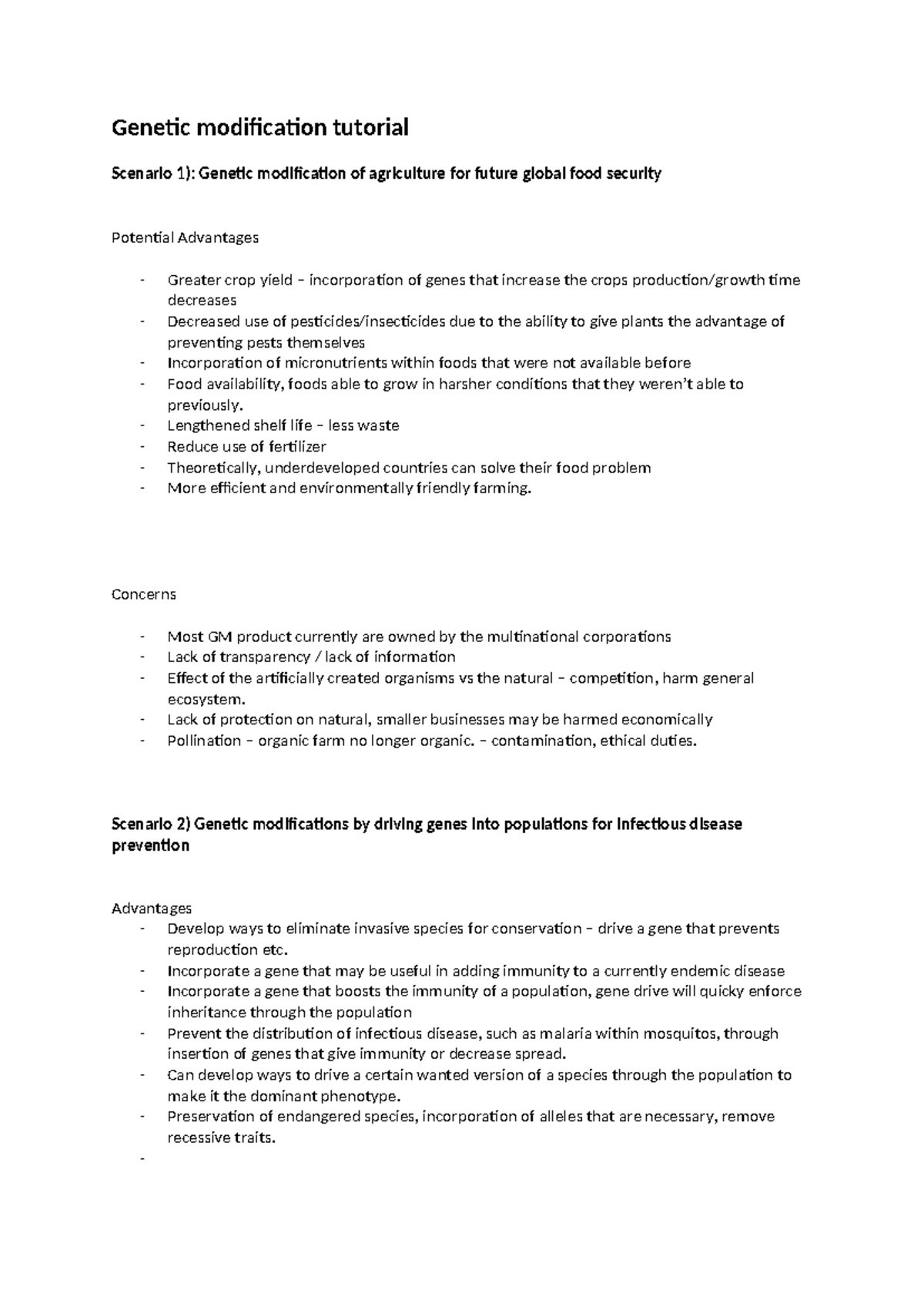 Student notes Genomics Activity handout Three scenarios for GMO ...