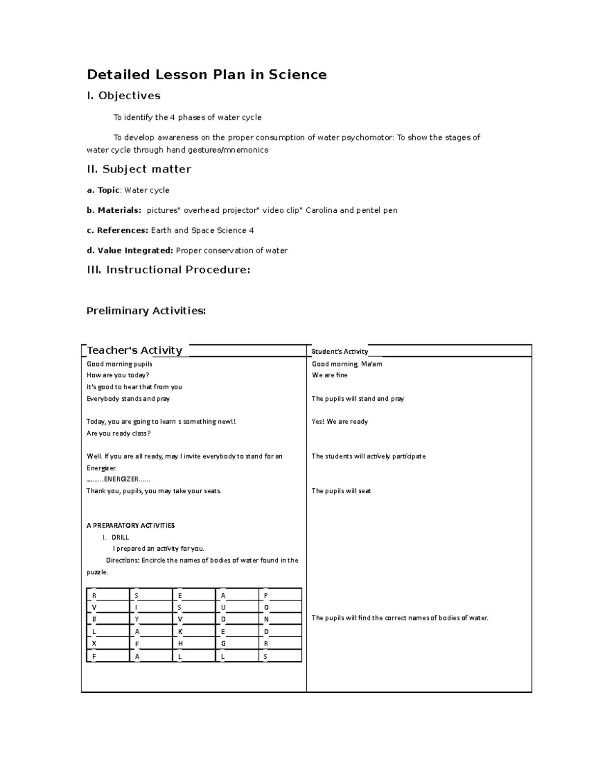 Water Cycle DLL - lesson plan in grade4 - Detailed Lesson Plan in ...