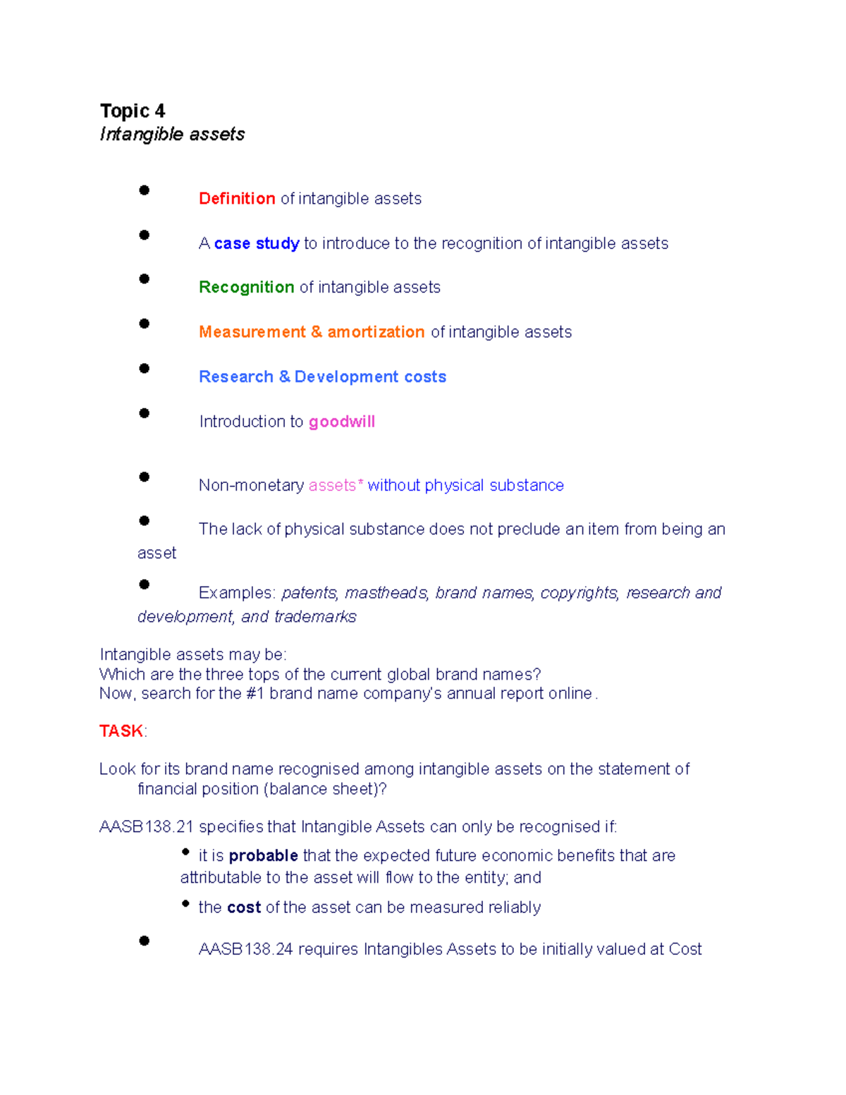 Week 4 Lecture Slides Intangible Assets - Topic 4 Intangible assets ...