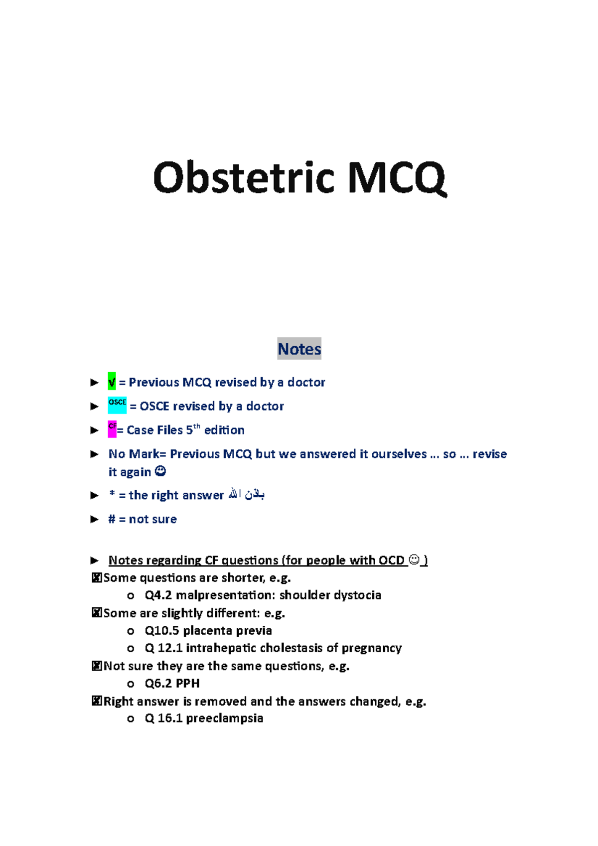 Obst. MCQs bank - Obstetric MCQ Notes √ = Previous MCQ revised by a ...