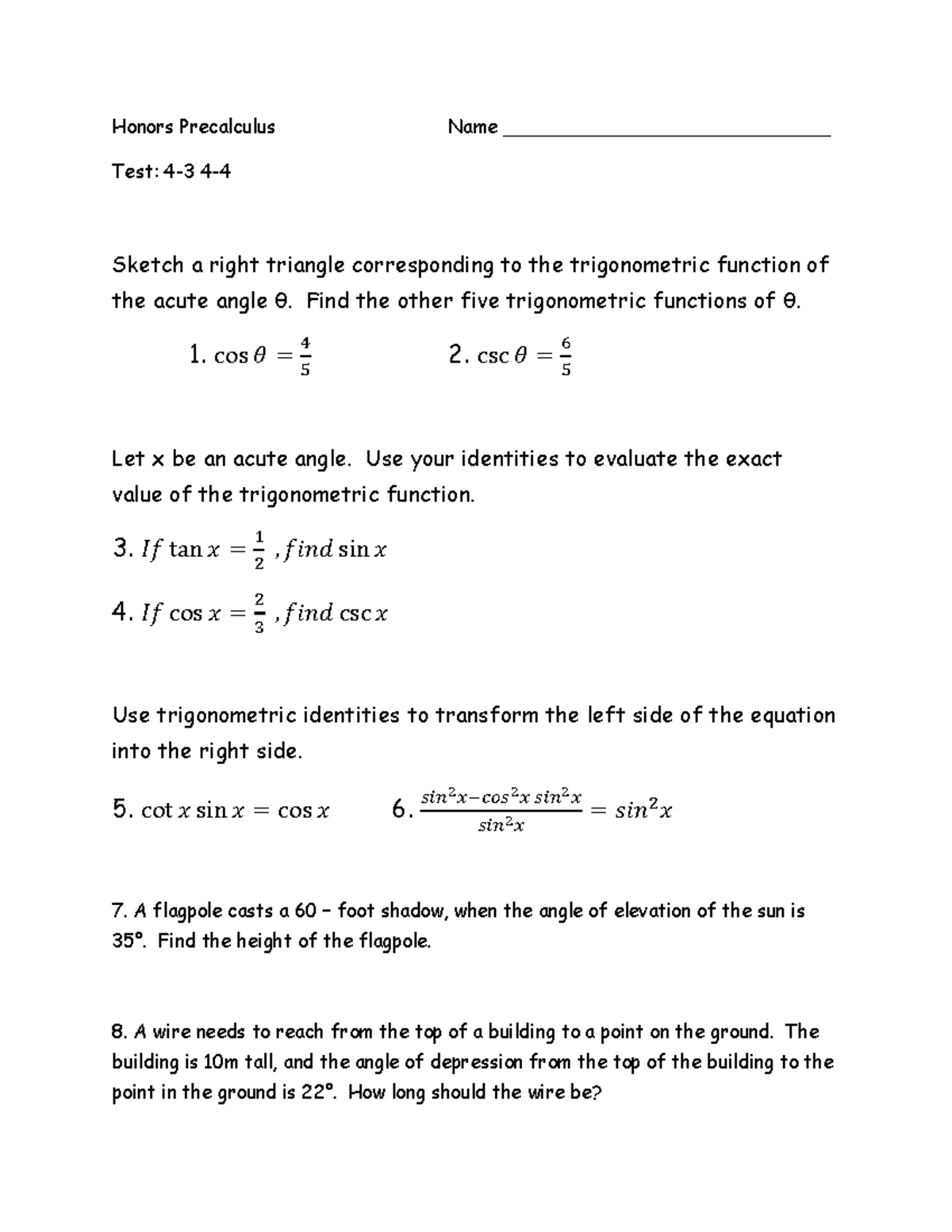Test 4-3 4-4, Graphing Equations and Dat - Honors Precalculus Name