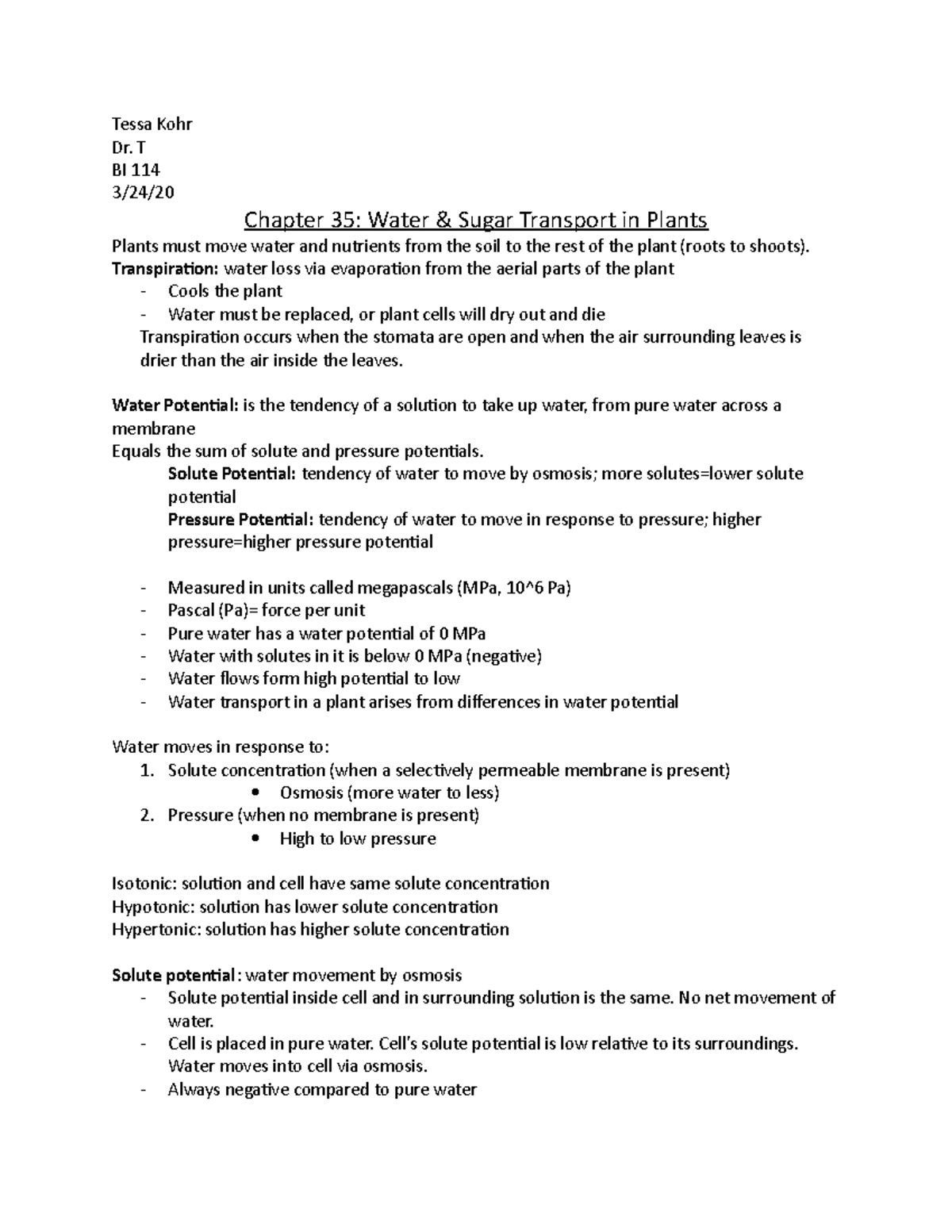 Ch. 35 - Chapter 35 Class Notes - Tessa Kohr Dr. T BI 114 3/24/ Chapter ...