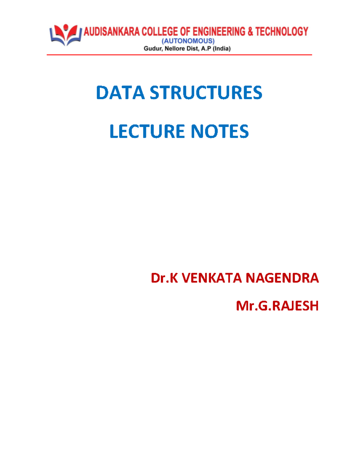 DATA Structure - DATA STRUCTURES LECTURE NOTES Dr VENKATA NAGENDRA Mr.G ...