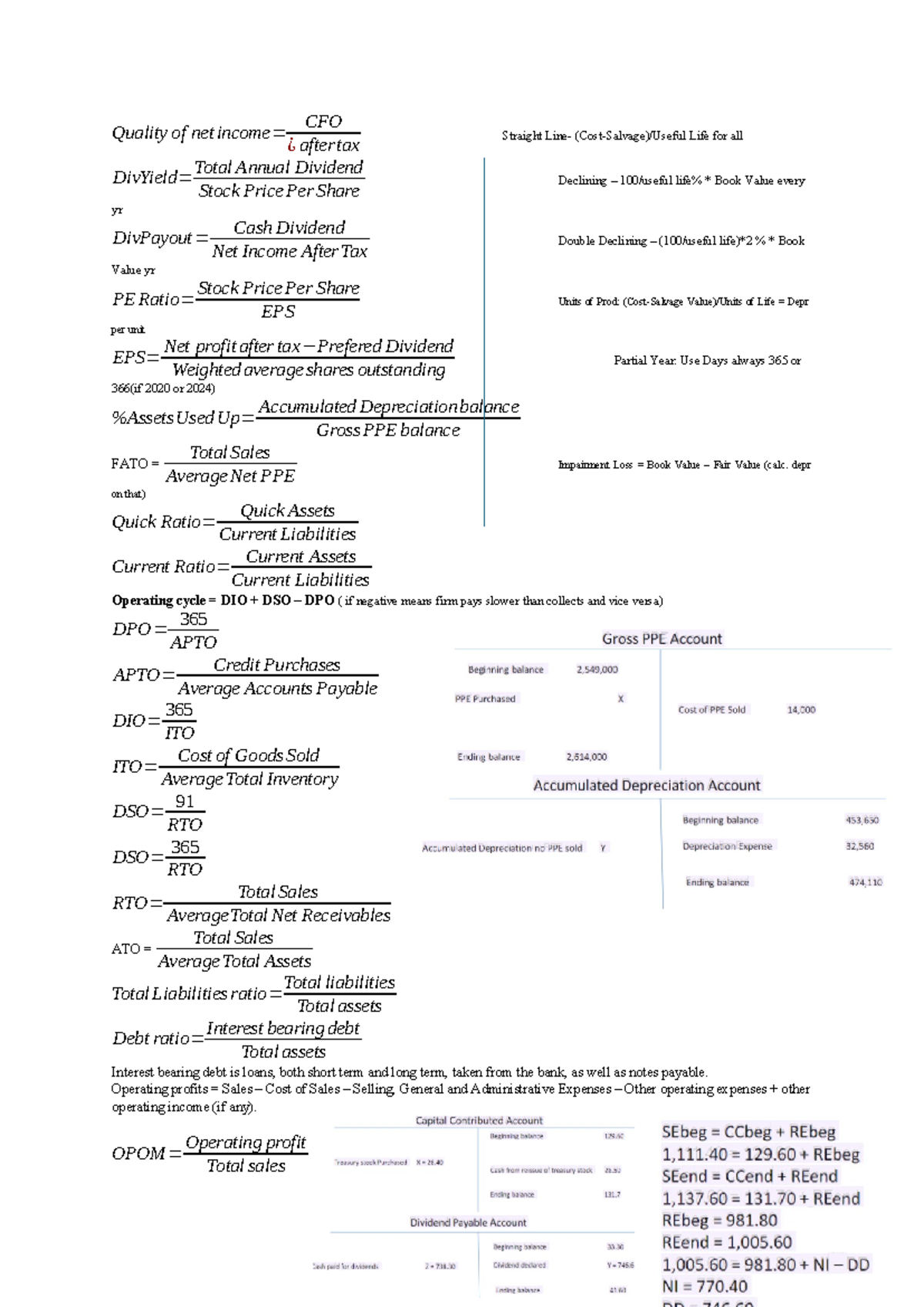 ACC Cheatsheet - Quality of net income= CFO ¿ after tax Straight Line- (Cost-Salvage)/Useful ...