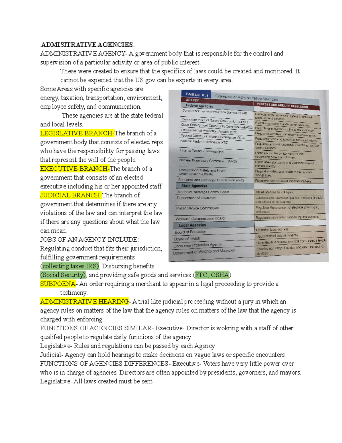 Chapter 6 Notes - ADMISITRATIVE AGENCIES ADMINISTRATIVE AGENCY- A ...