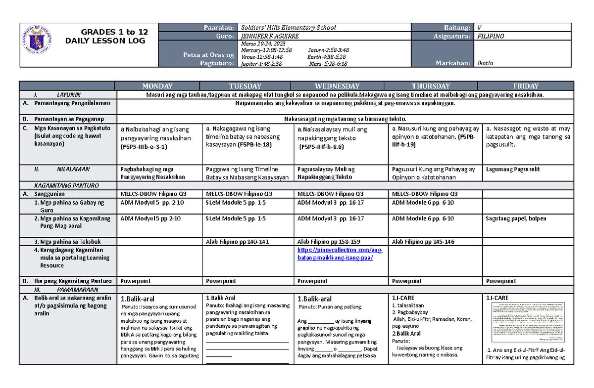 DLL Filipino-5 Q3-W6 - Filipino - GRADES 1 to 12 DAILY LESSON LOG ...