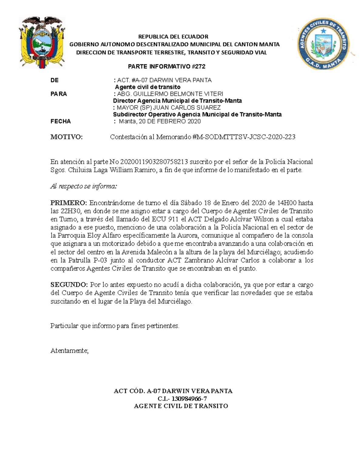 Parte informativo de contestacion - REPUBLICA DEL ECUADOR GOBIERNO ...
