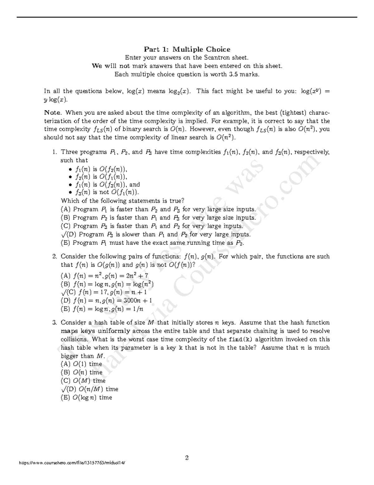 Midterm 2014 - Part 1: Multiple Choice Enter your answers on the ...