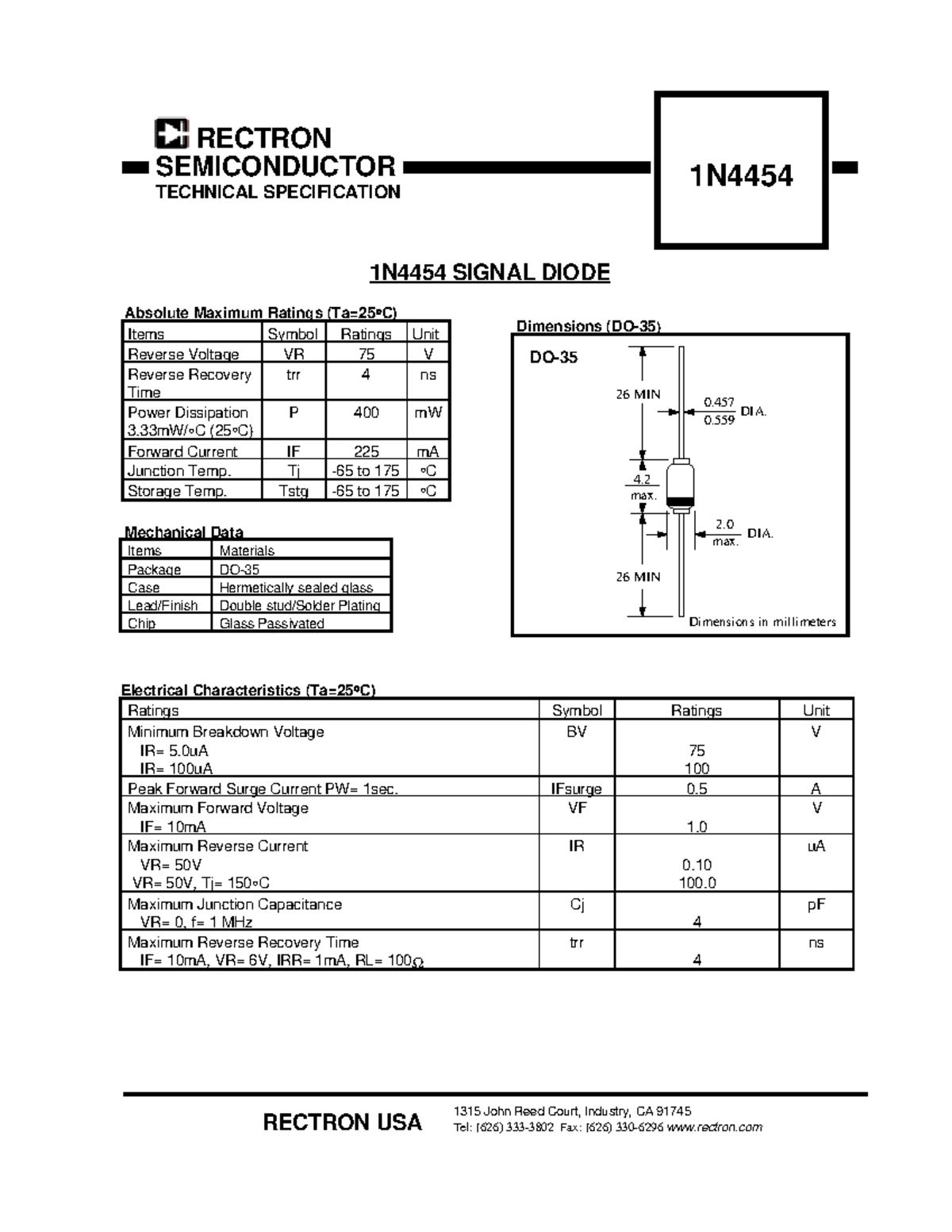 1n4454 - RECTRON USA 1315 John Reed Court, Industry, CA 91745 Tel: (626 ...