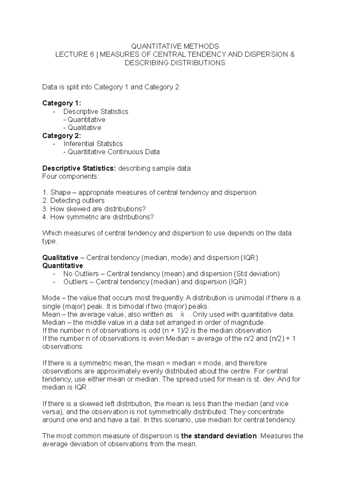 Quantitative Methods L6 - QUANTITATIVE METHODS LECTURE 6 MEASURES OF CENTRAL TENDENCY AND ...