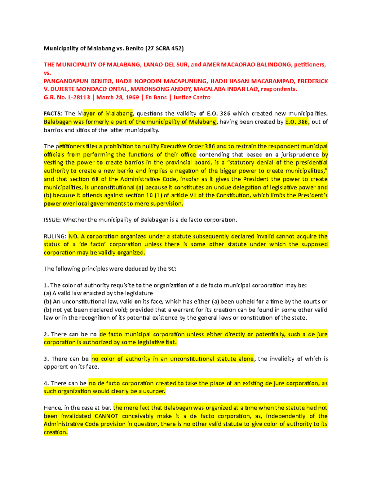 26 Municipality of Malabang - Benito (27 SCRA 452) THE MUNICIPALITY OF ...