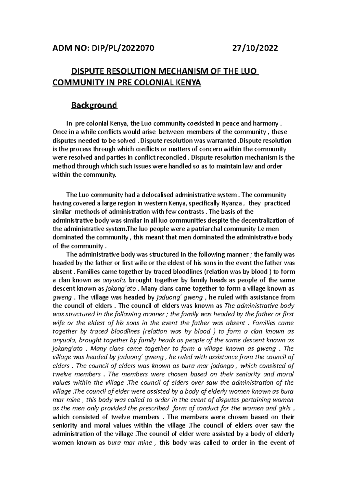 Legal systems paper on dispute resolution mechanisms - ADM NO: DIP/PL ...
