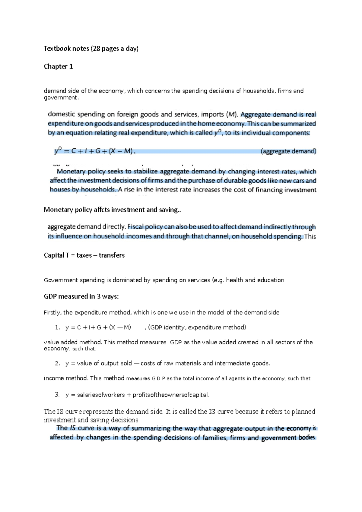 Textbook - Notes - Textbook notes (28 pages a day) Chapter 1 demand ...