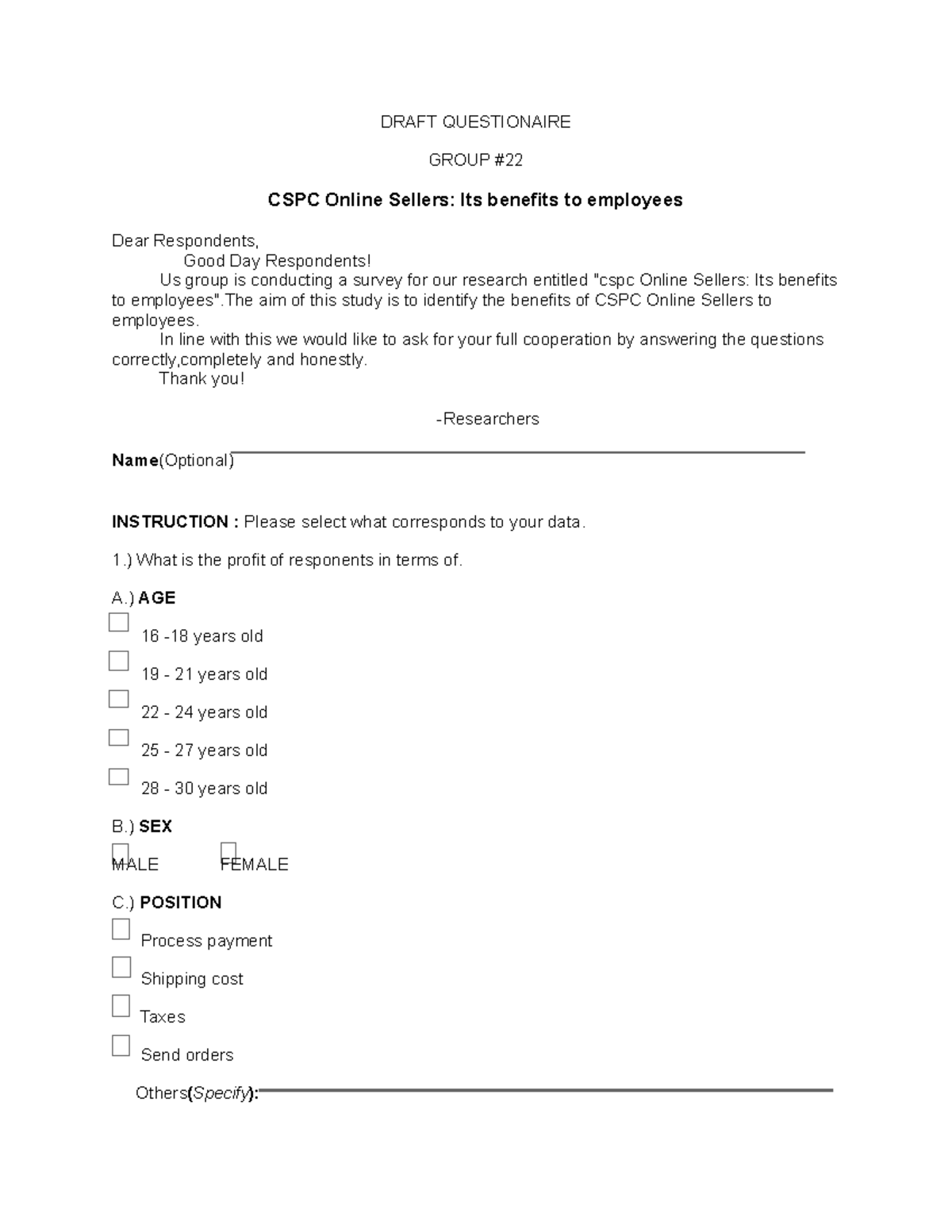 Group#22- Draft- Questinnaire - DRAFT QUESTIONAIRE GROUP CSPC Online ...